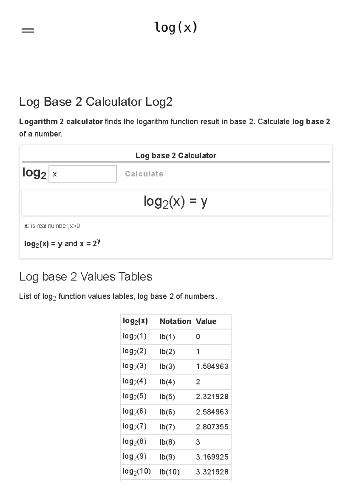 Log Base 2 Calculator Log2 Computer Component Studocu