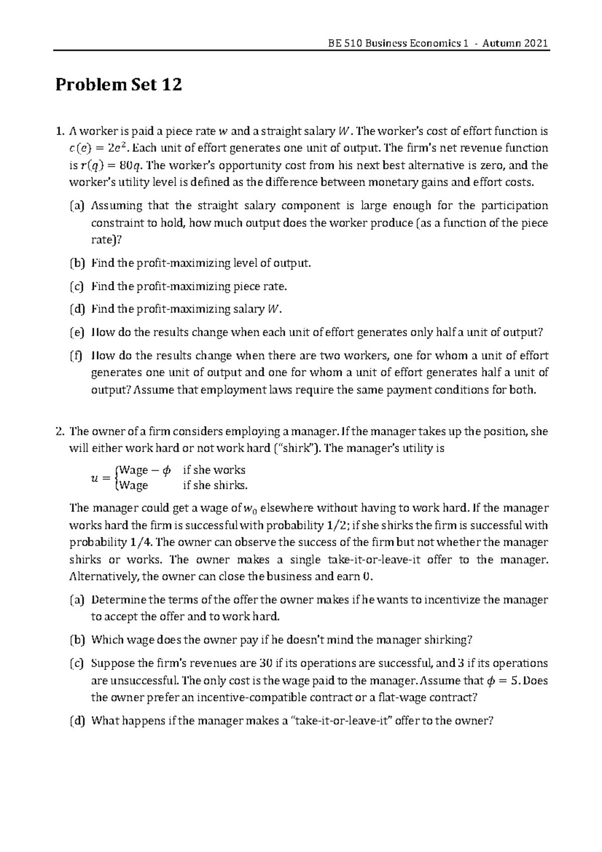 Problem Set 12 with solutions - BE 510 Business Economics 1 - Autumn ...