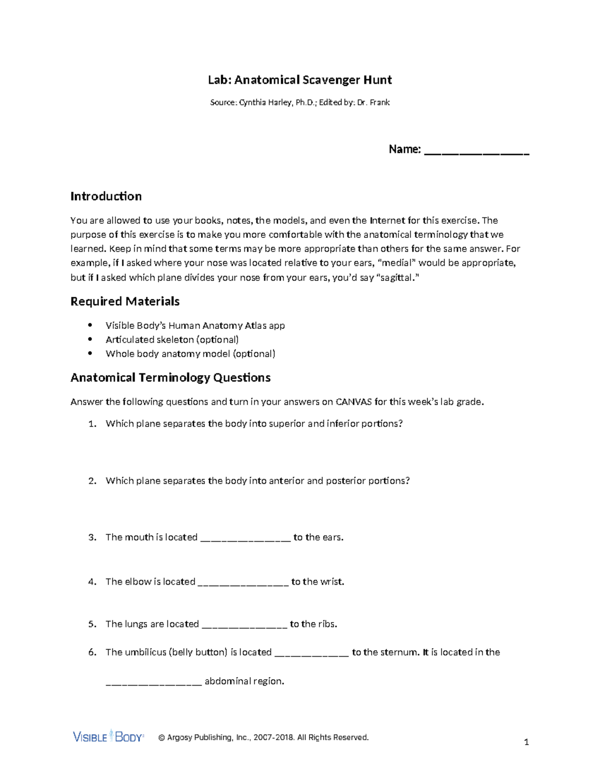 Ap worksheet anatomical scavenger hunt - Lab: Anatomical Scavenger Hunt ...