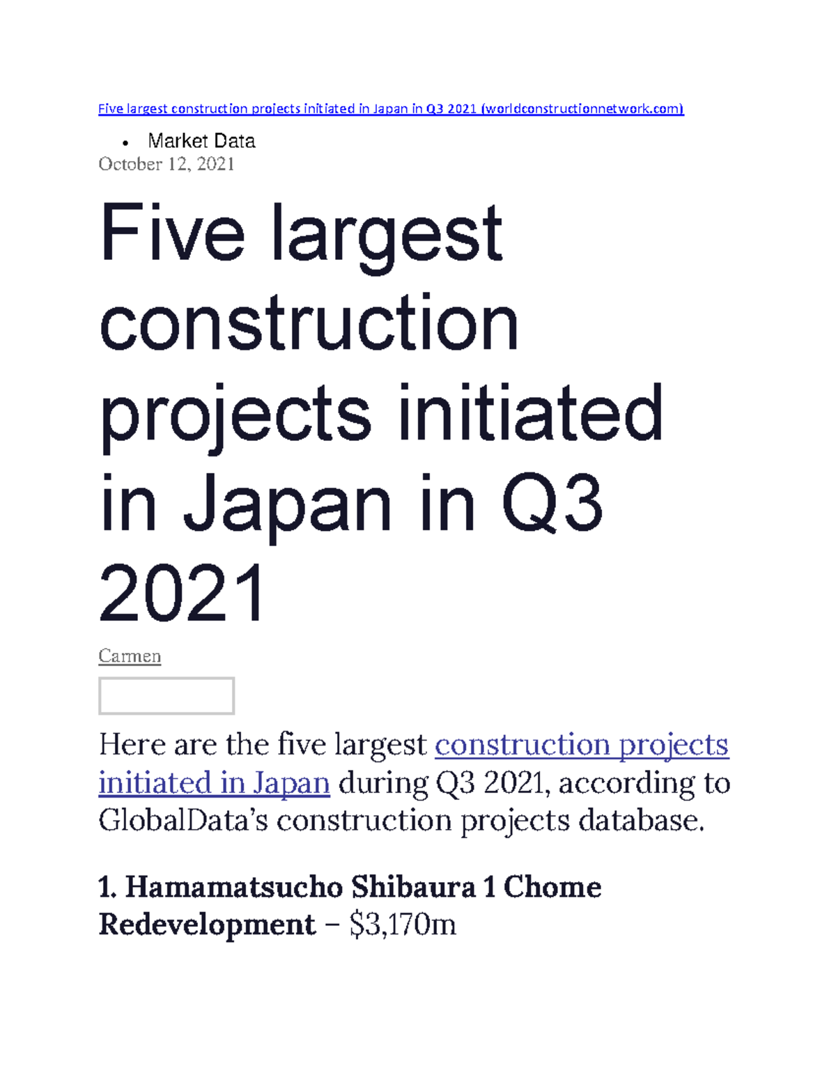 Five largest construction projects initiated in Japan in Q3 2021 ...
