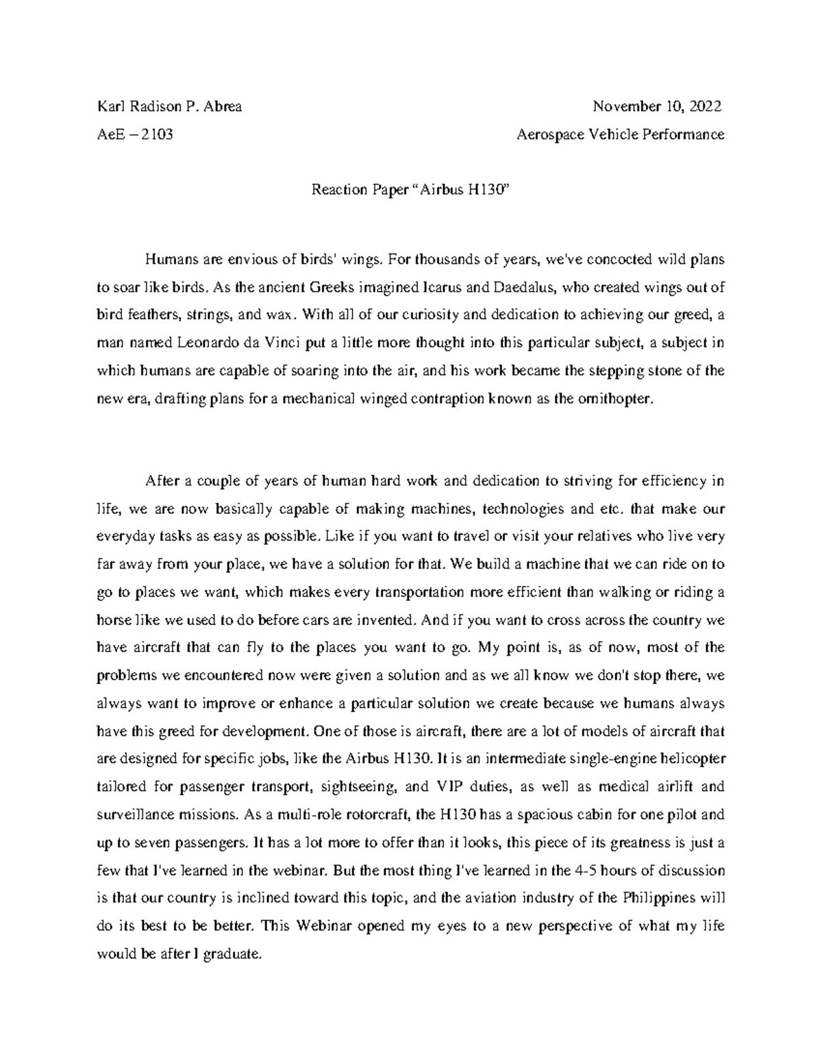 Reaction Paper Airbus H130 - Karl Radison P. Abrea November 10, 2022 ...