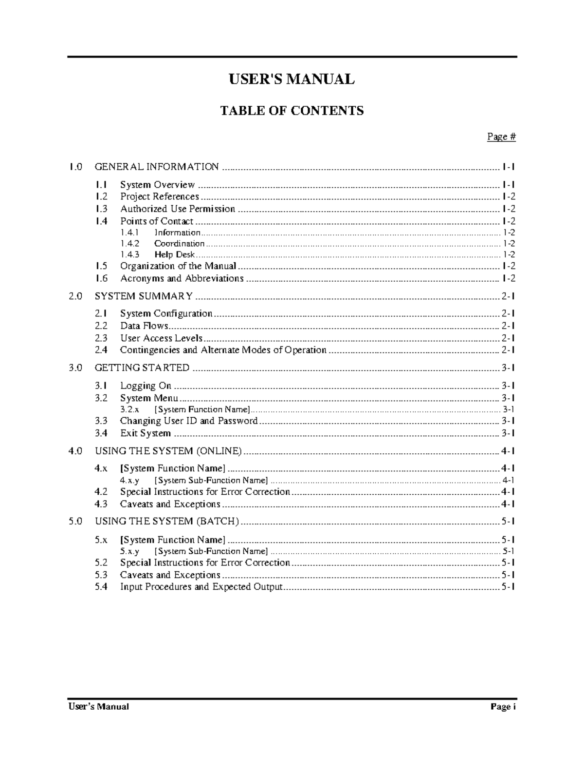 User Manual Template - User’s Manual Page i USER'S MANUAL TABLE OF CONTENTS 1 GENERAL ...