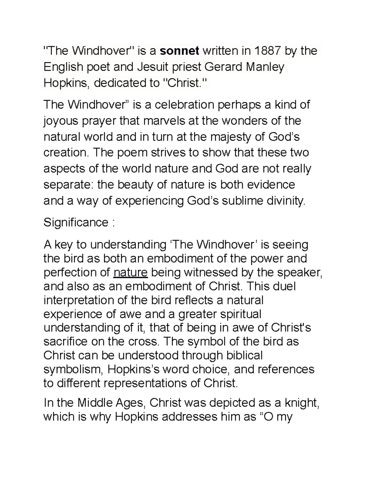 The Windhover - "The Windhover" is a sonnet written in 1887 by the ...