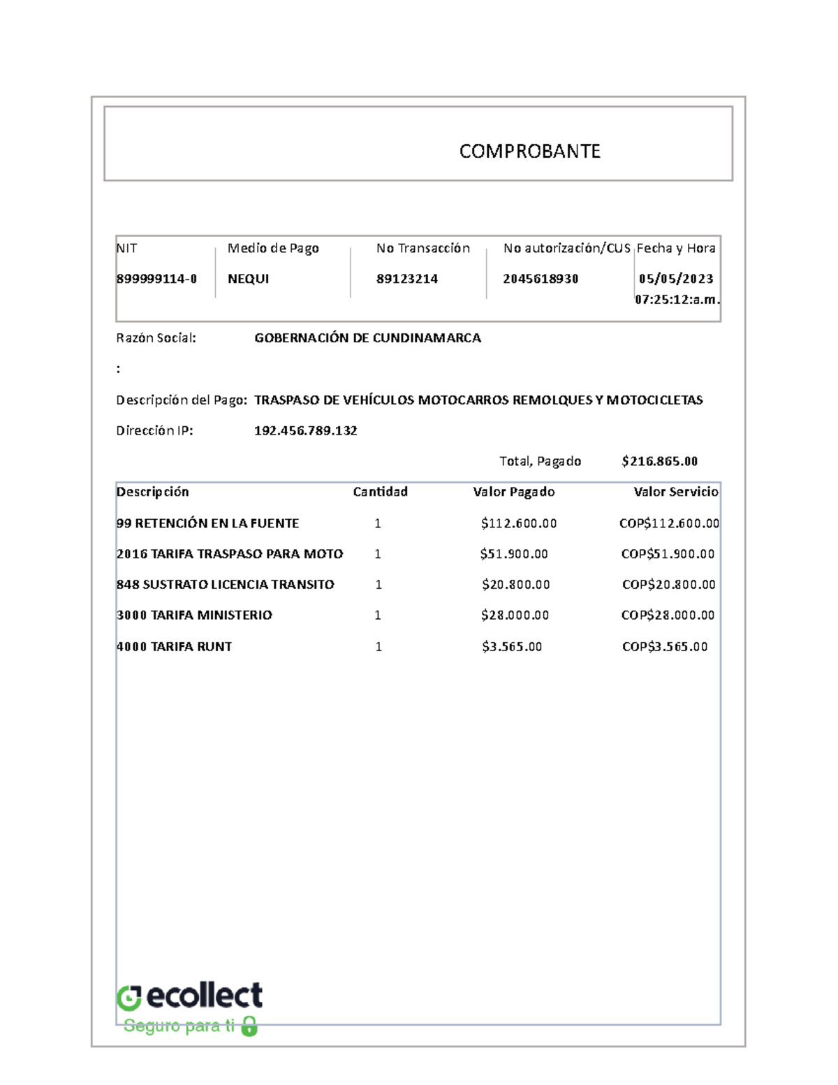 GXH02E - OJOÑO - COMPROBANTE NIT Medio de Pago No Transacción No ...