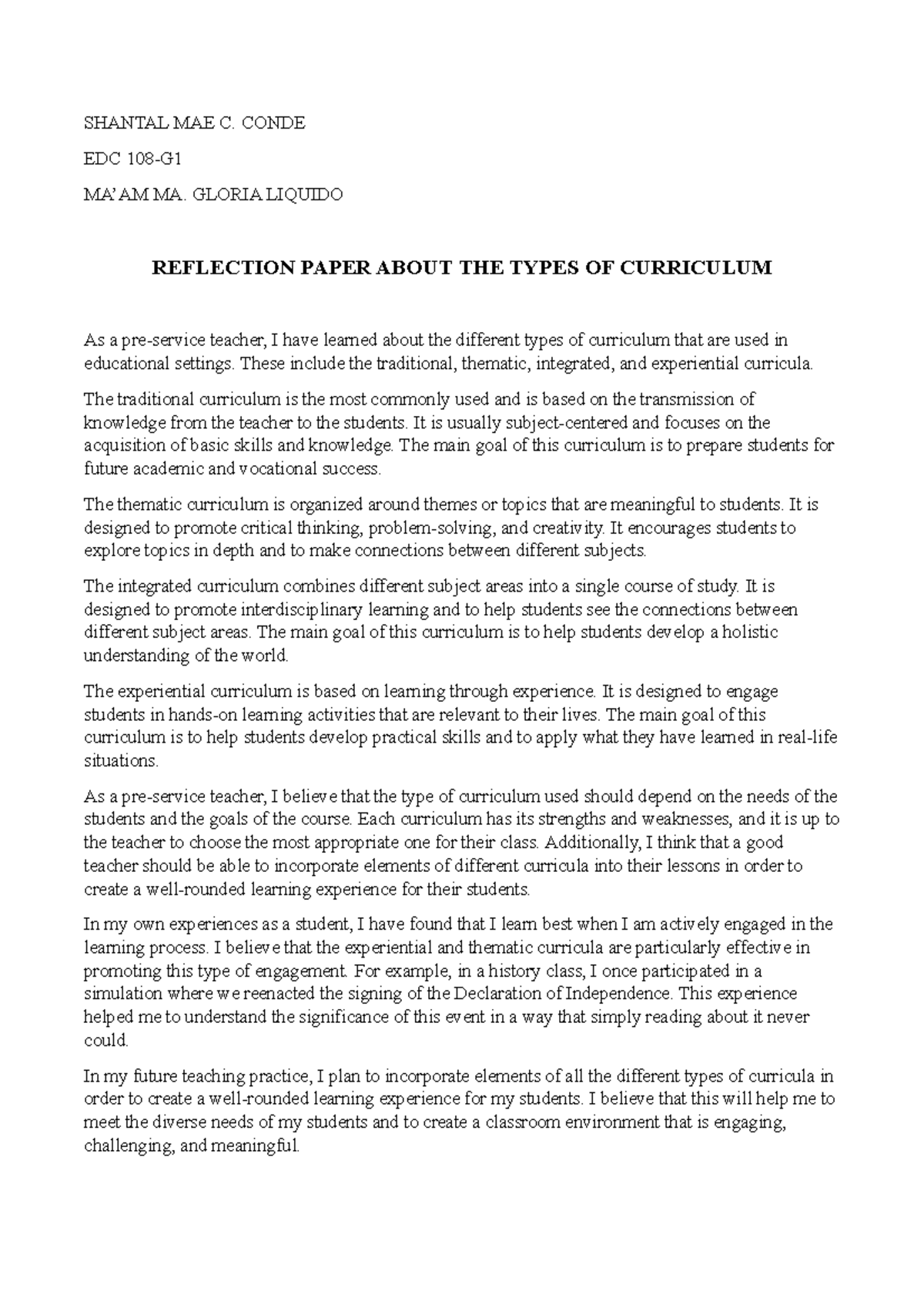 Reflection Paper About THE Types OF Curriculum - SHANTAL MAE C. CONDE ...