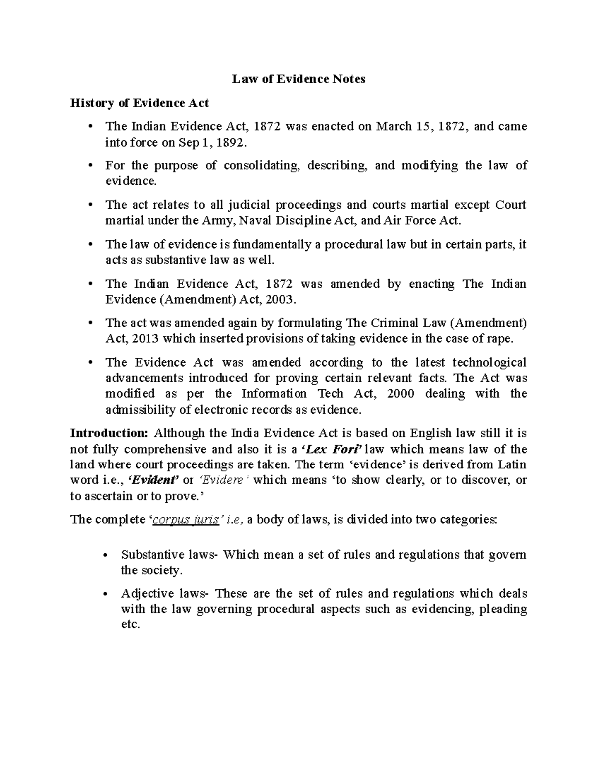 Law of Evidence Notes - Law of Evidence Notes History of Evidence Act ...