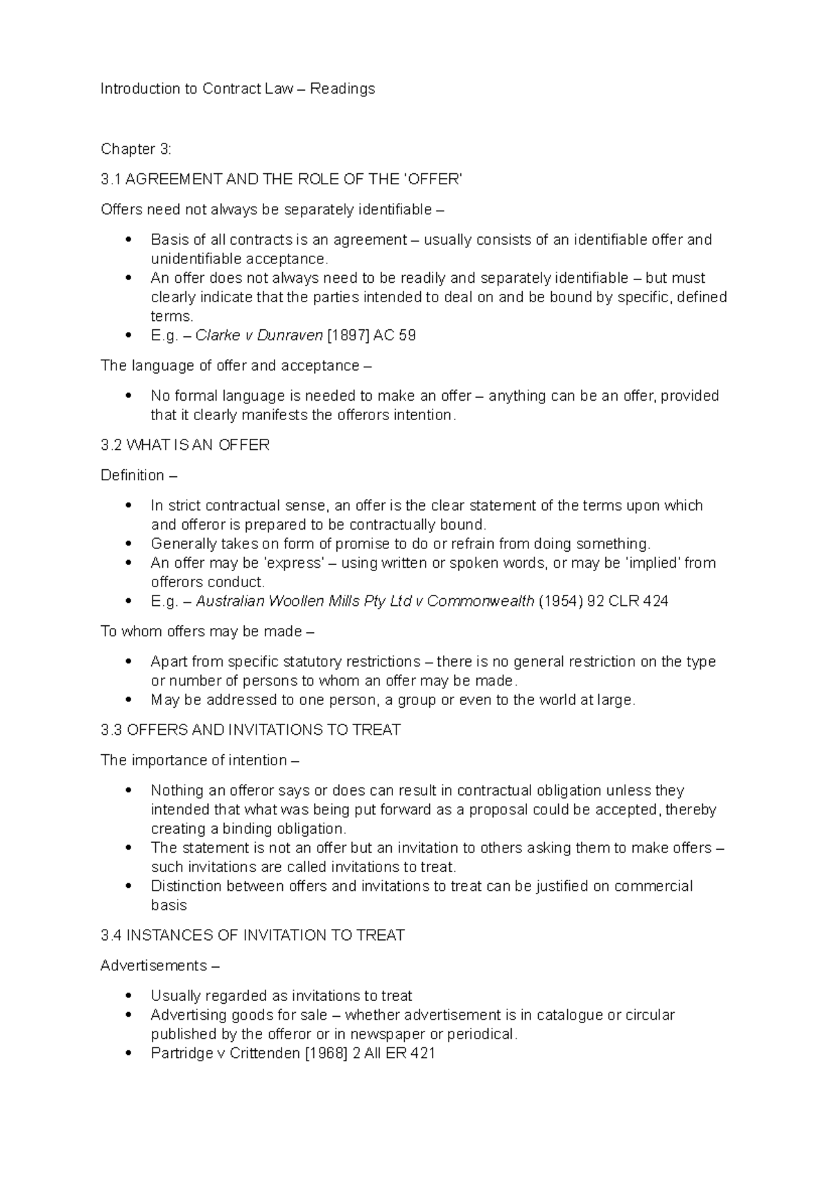 Contract Law Reading Notes - Introduction to Contract Law Readings ...