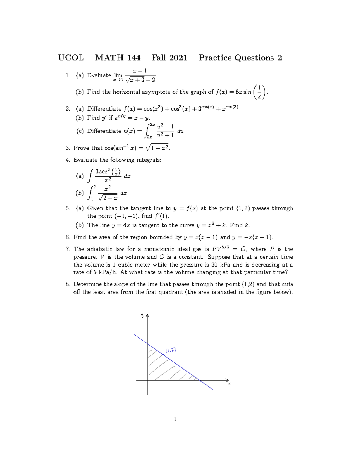 Sample 2 - practice - UCOL – MATH 144 – Fall 2021 – Practice Questions ...