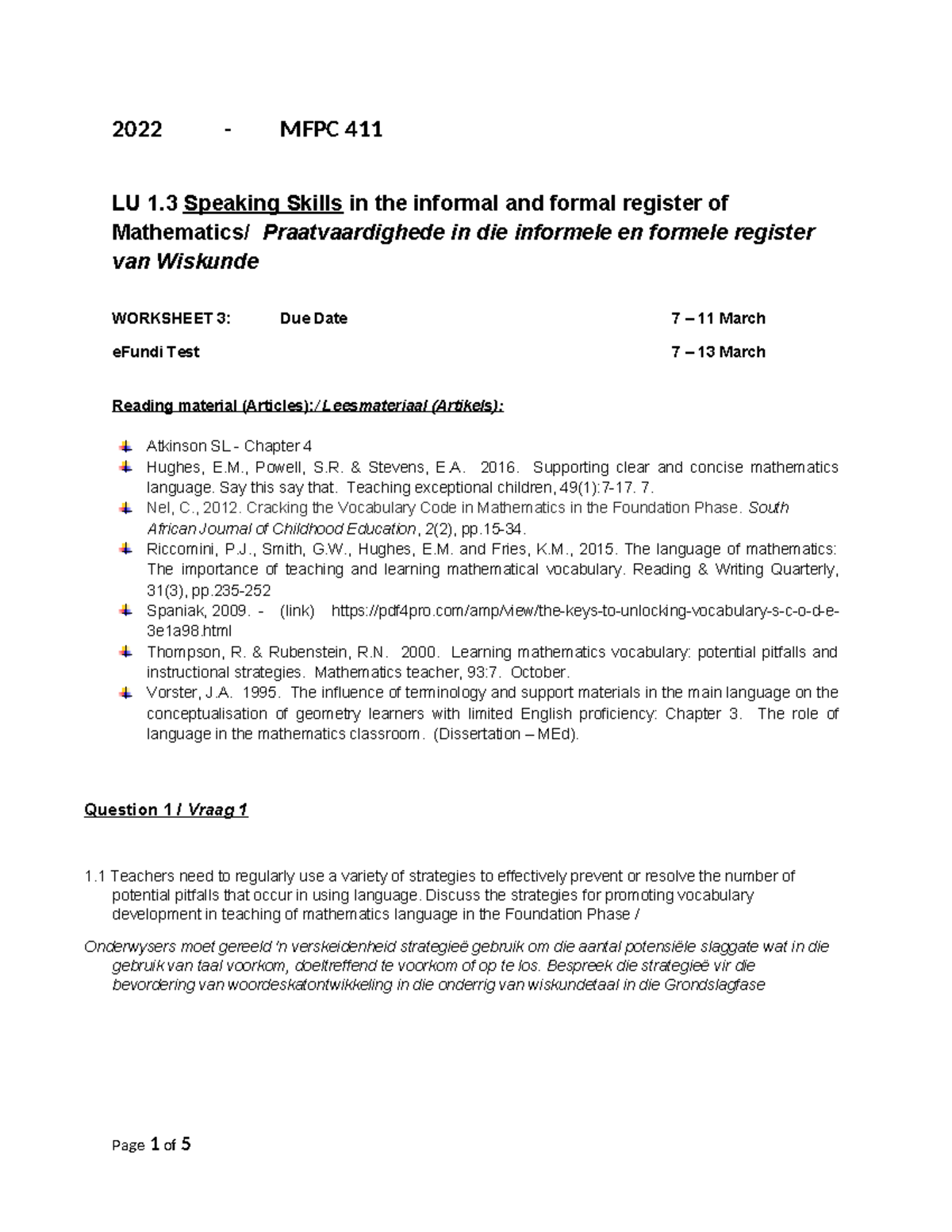 2022 - MFPC 411 - LU 1.3 - Speaking Worksheet - 2022 - MFPC 411 LU 1 Speaking Skills in the ...