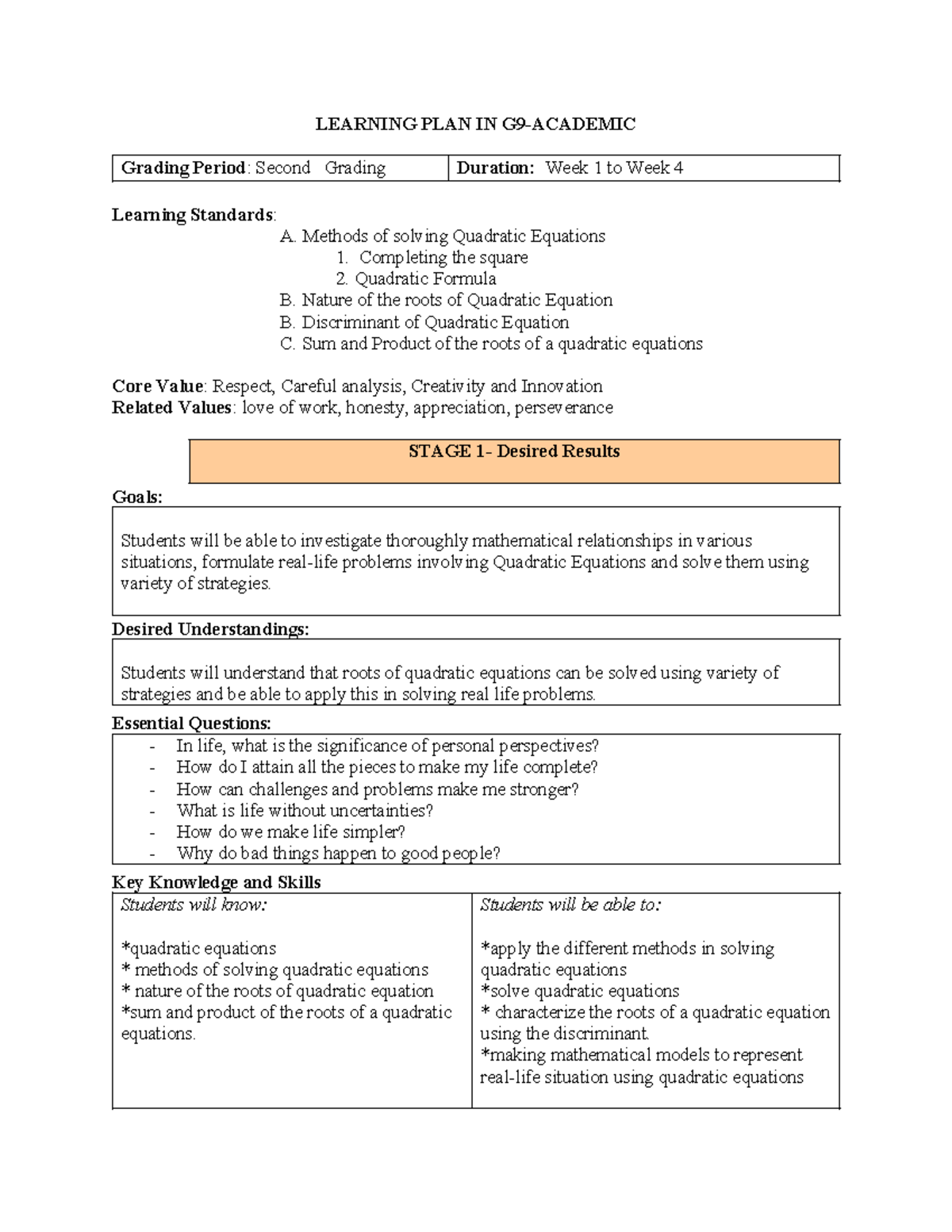 2ND LP 1-4 - Learning Plan - LEARNING PLAN IN G9-ACADEMIC Grading ...