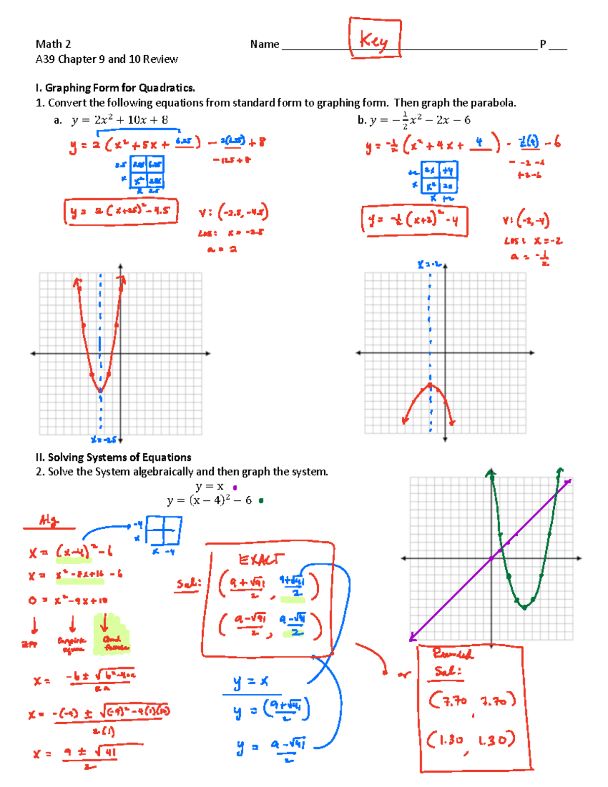 Chapter 9 and 10 Review (Lee) key - Math 2 Name