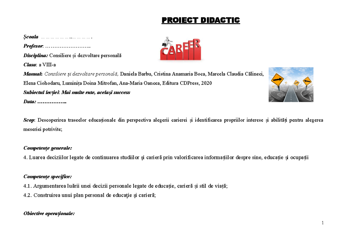 Proiect didacticclasa 8a mai multe rute acelasi succes - PROIECT ...