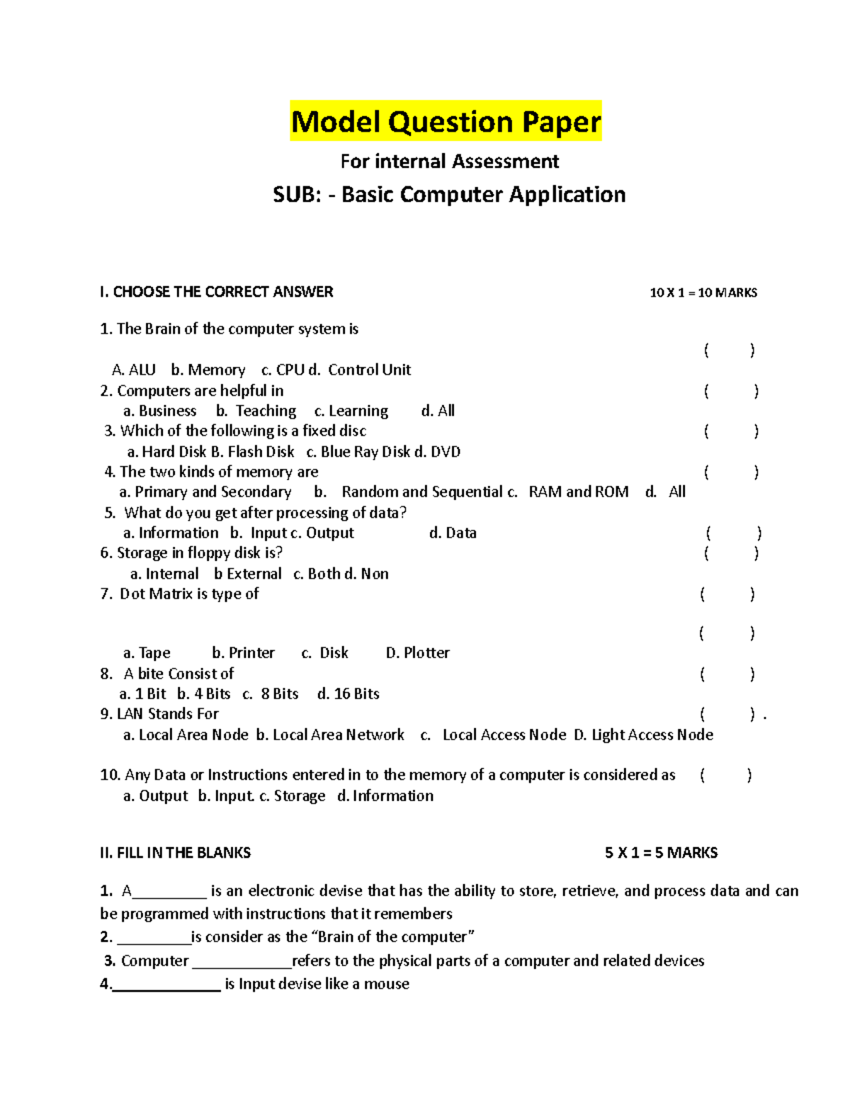 Model Question Paper - self assessment - Model Question Paper For ...