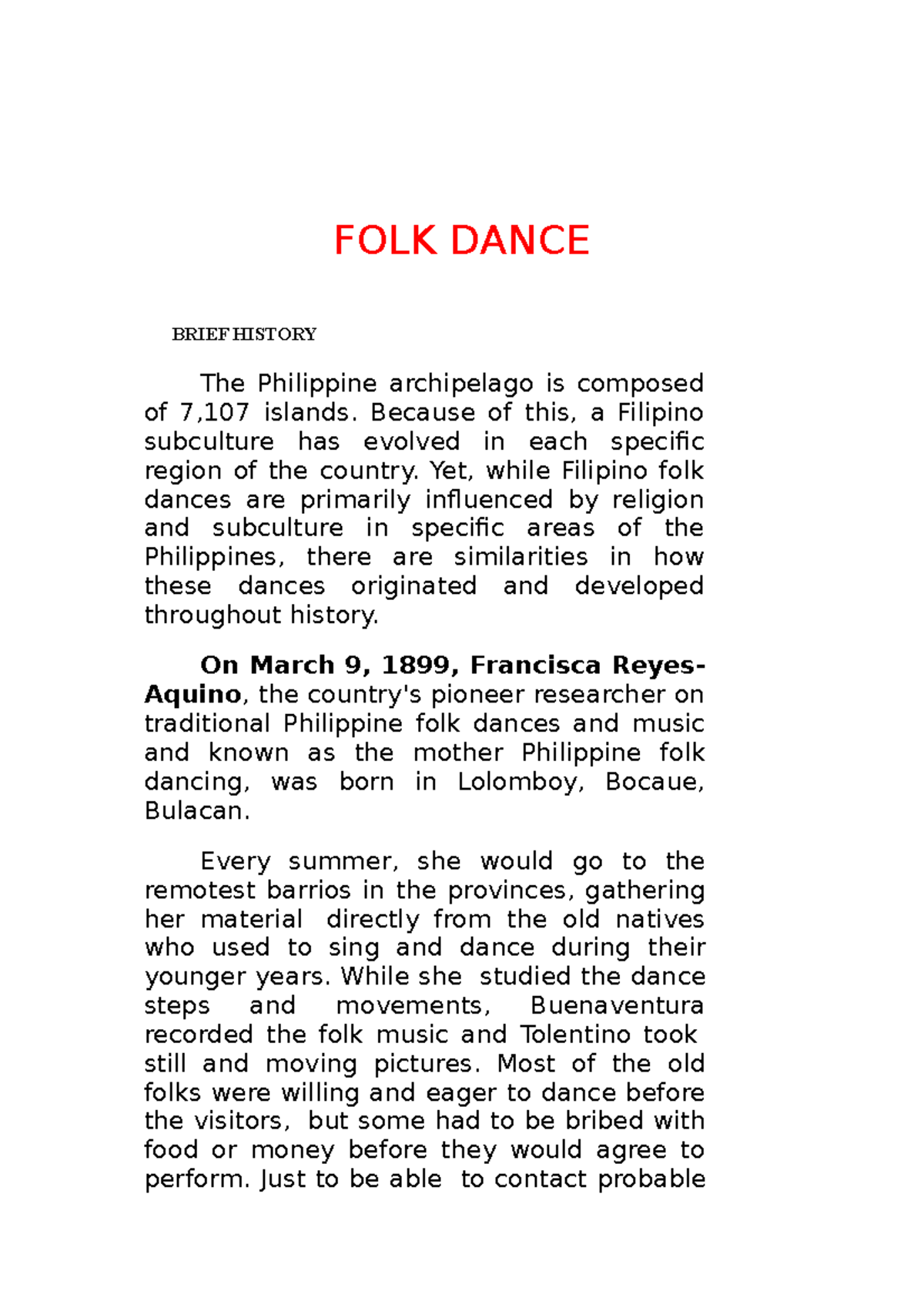 FOLK Dance History - NOTES - FOLK DANCE BRIEF HISTORY The Philippine ...