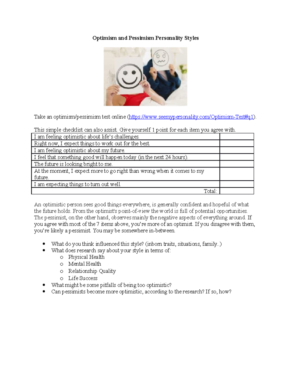 Week 7 Optimism and Pessimism Personality Styles - Optimism and ...