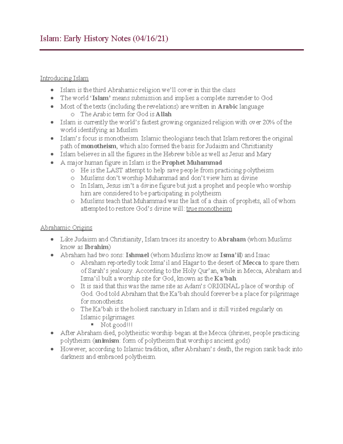 ChrisDaily-CompTheo-All Islam Compiled Lecture Notes - Islam: Early ...