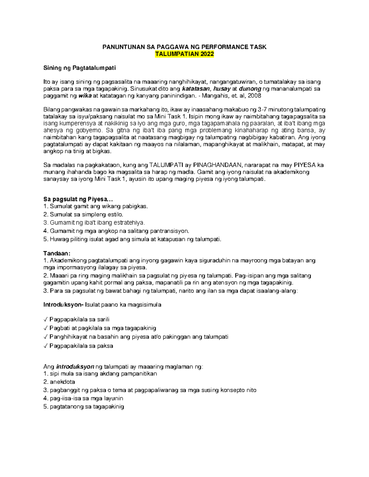 FPL- PT- Talumpatian 2022 - PANUNTUNAN SA PAGGAWA NG PERFORMANCE TASK ...