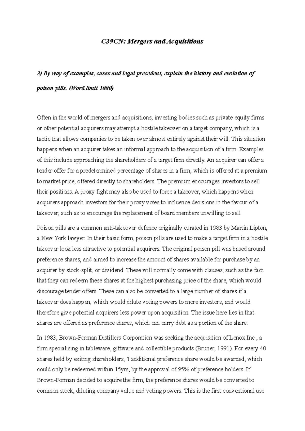 Poison pills and acquisition strategies - C39CN: Mergers and ...