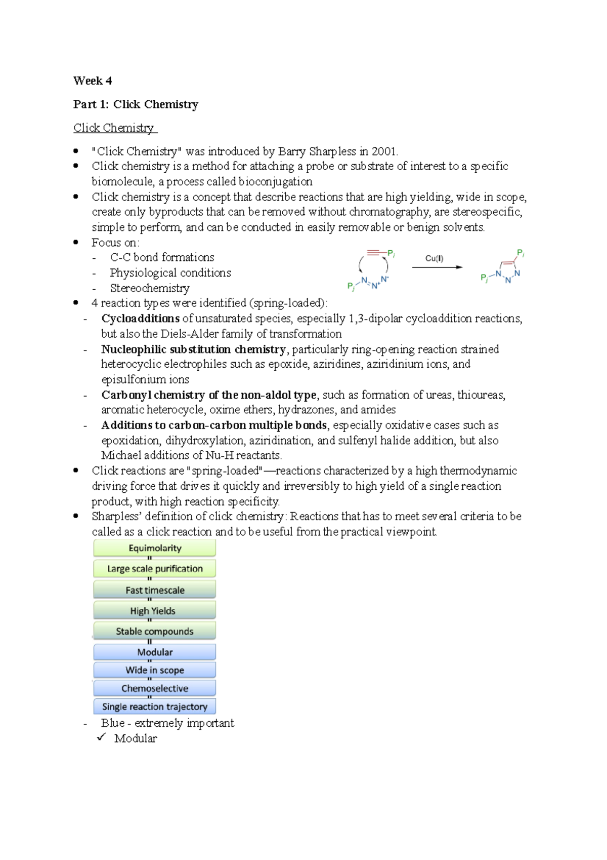 Week 4-6 notes - Week 4 Part 1: Click Chemistry Click Chemistry "Click ...