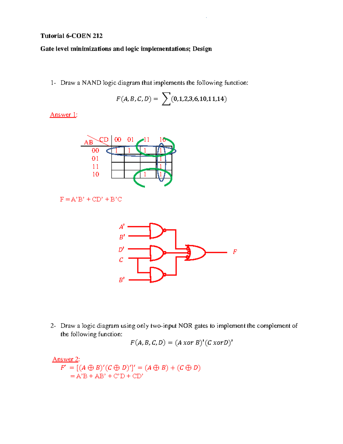 Tut6 Sol - tutorial 6 - Tutorial 6 - COEN 212 Gate level minimizations and logic implementations ...