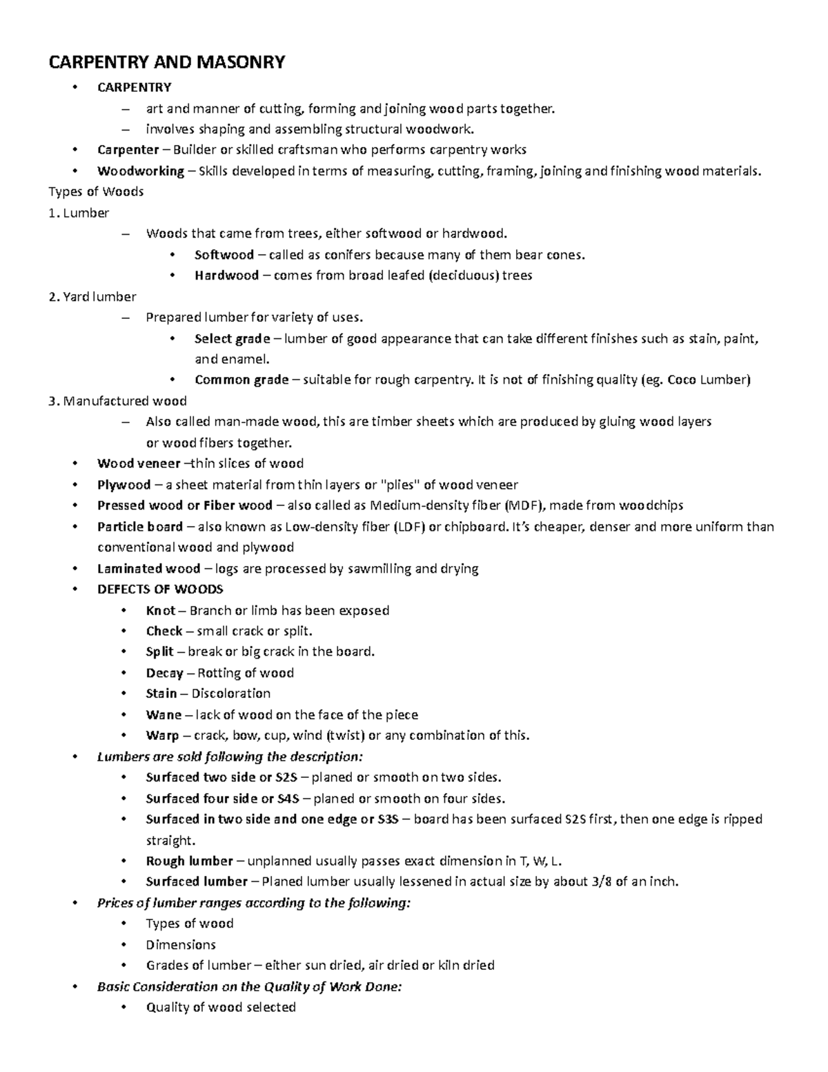 TLE- Notes - ............................ - CARPENTRY AND MASONRY ...