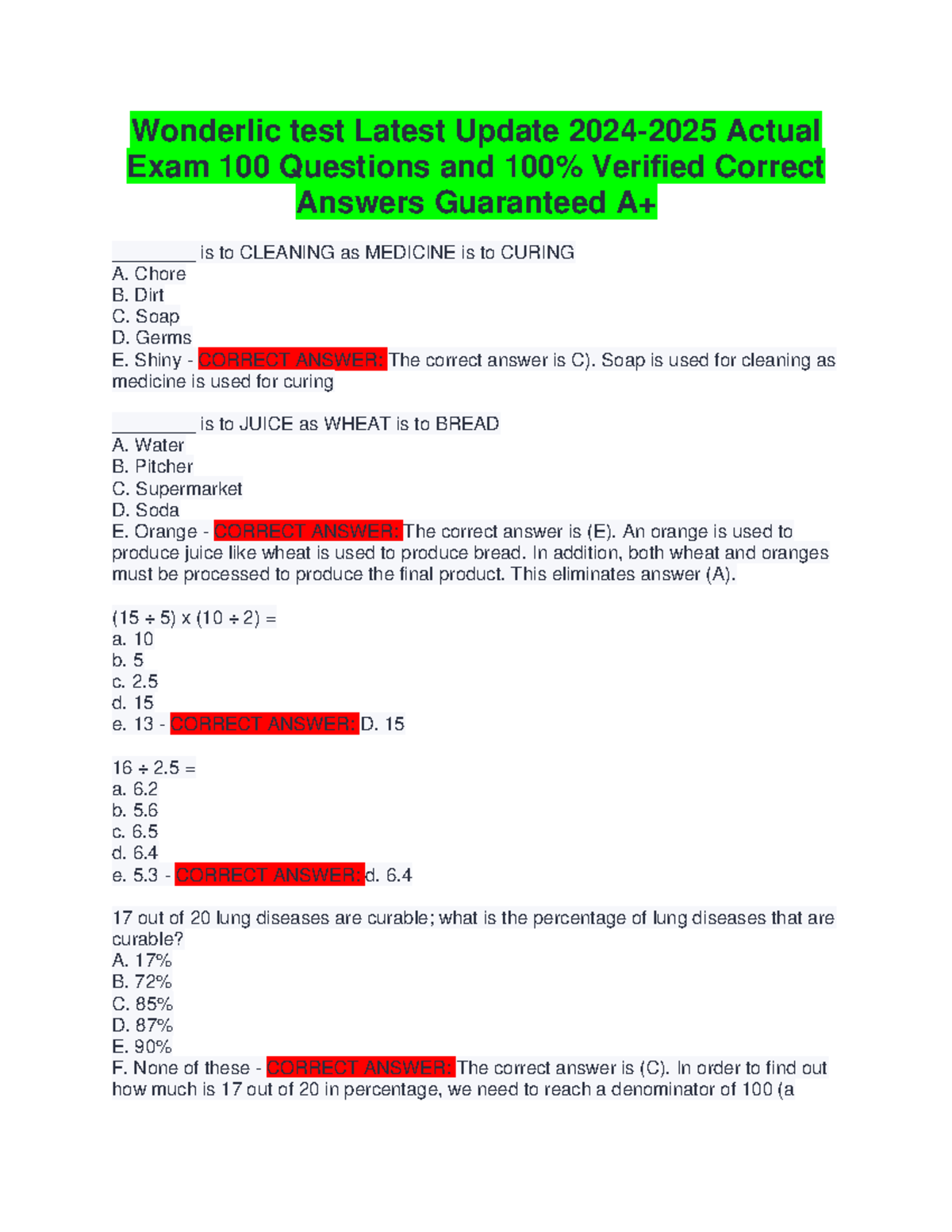 Wonderlic test Latest Update 2024-2025 Actual Exam 100 Questions and ...
