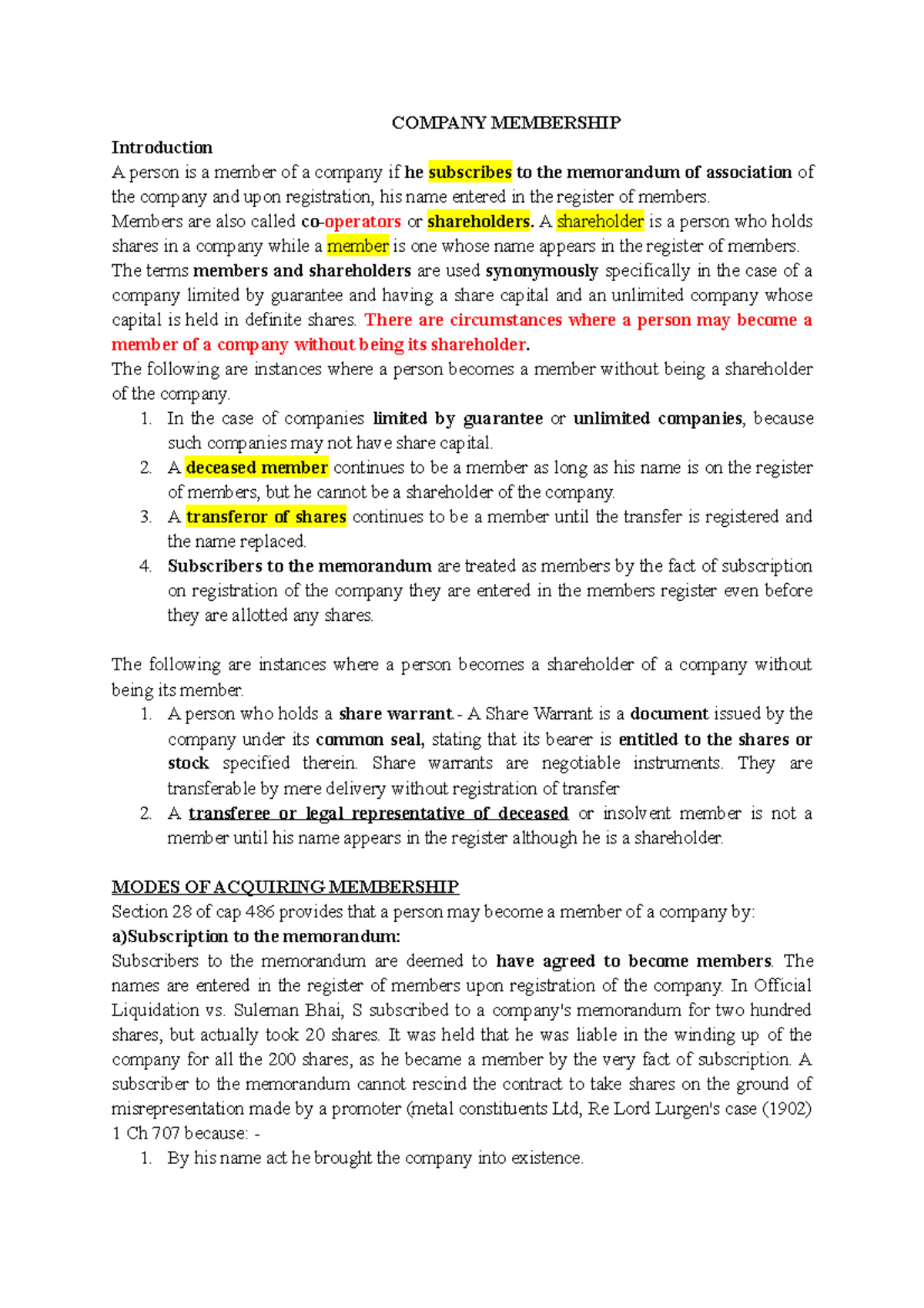 L 06- Membership - Lecture notes - COMPANY MEMBERSHIP Introduction A ...
