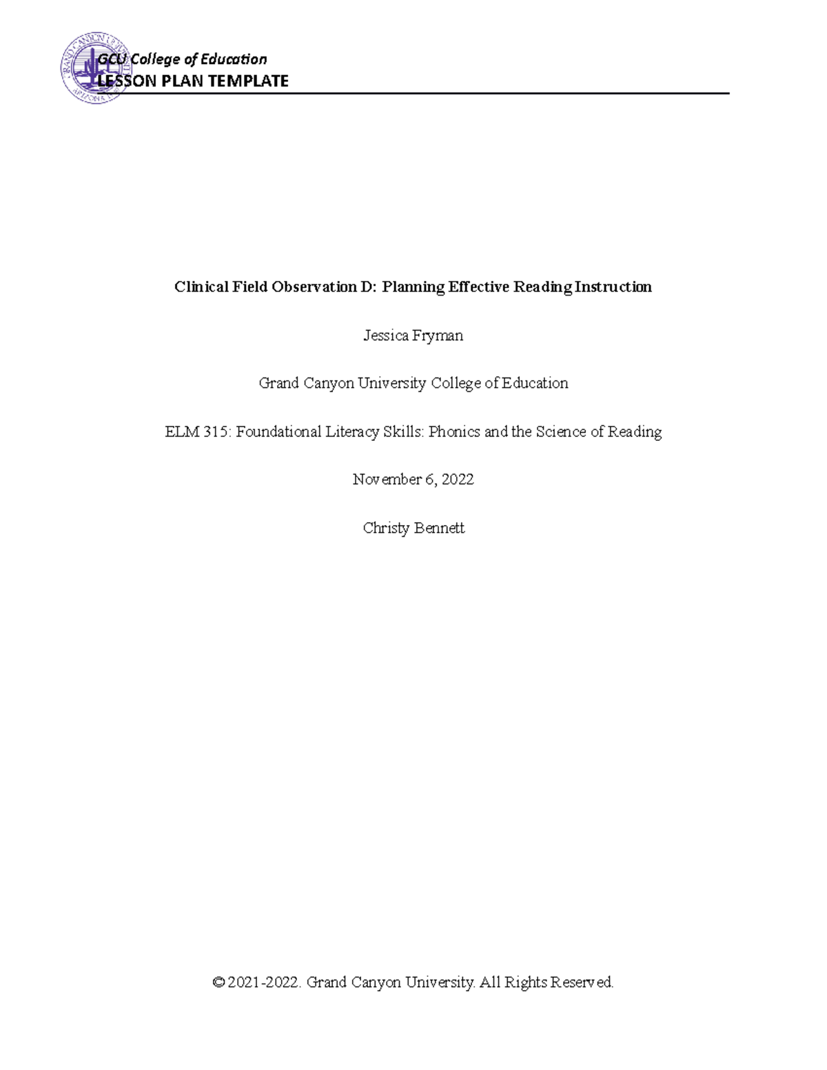 ELM 315 Field Experience D - LESSON PLAN TEMPLATE Clinical Field ...