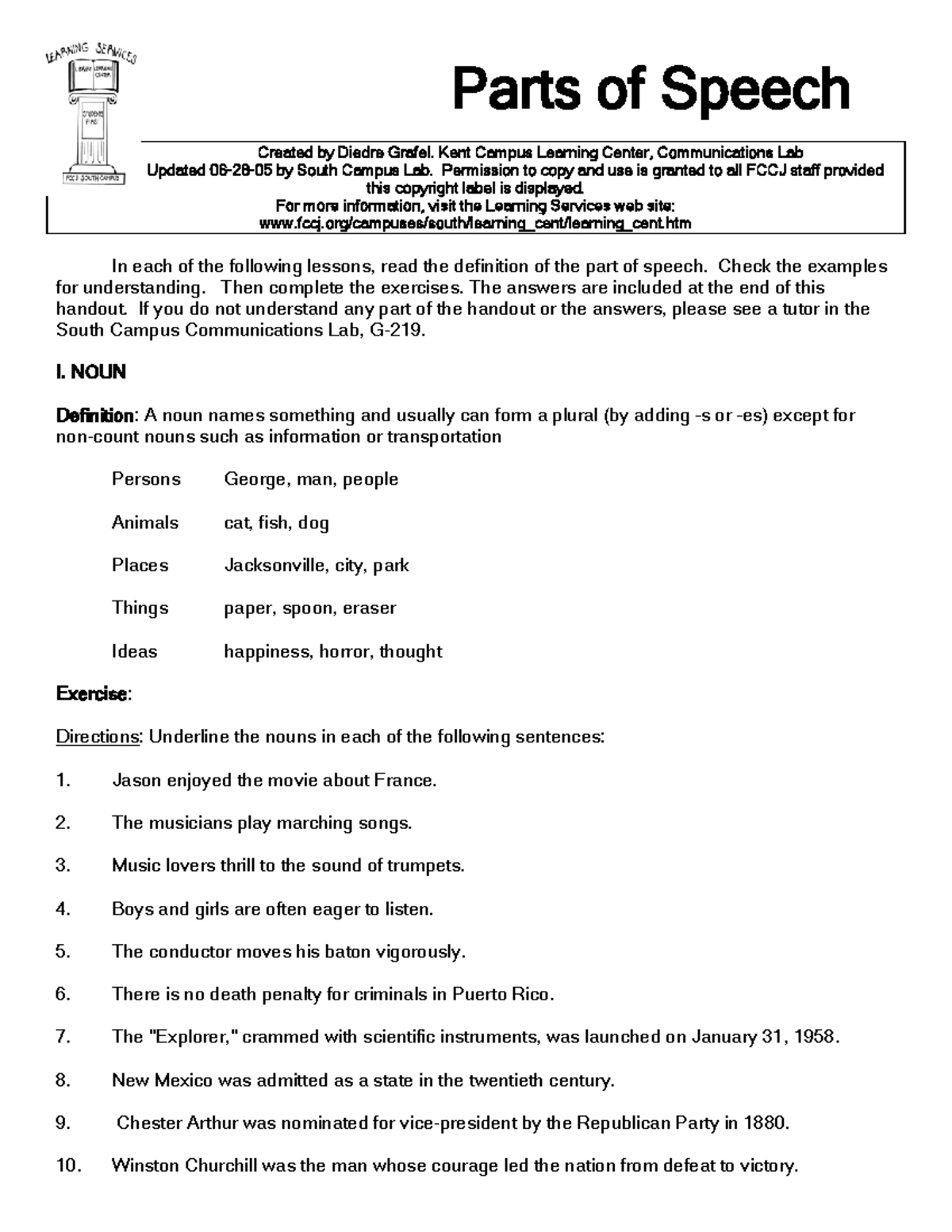 Partsof Speech Reteaching packet - Parts of Speech Updated 06-28-05 by ...