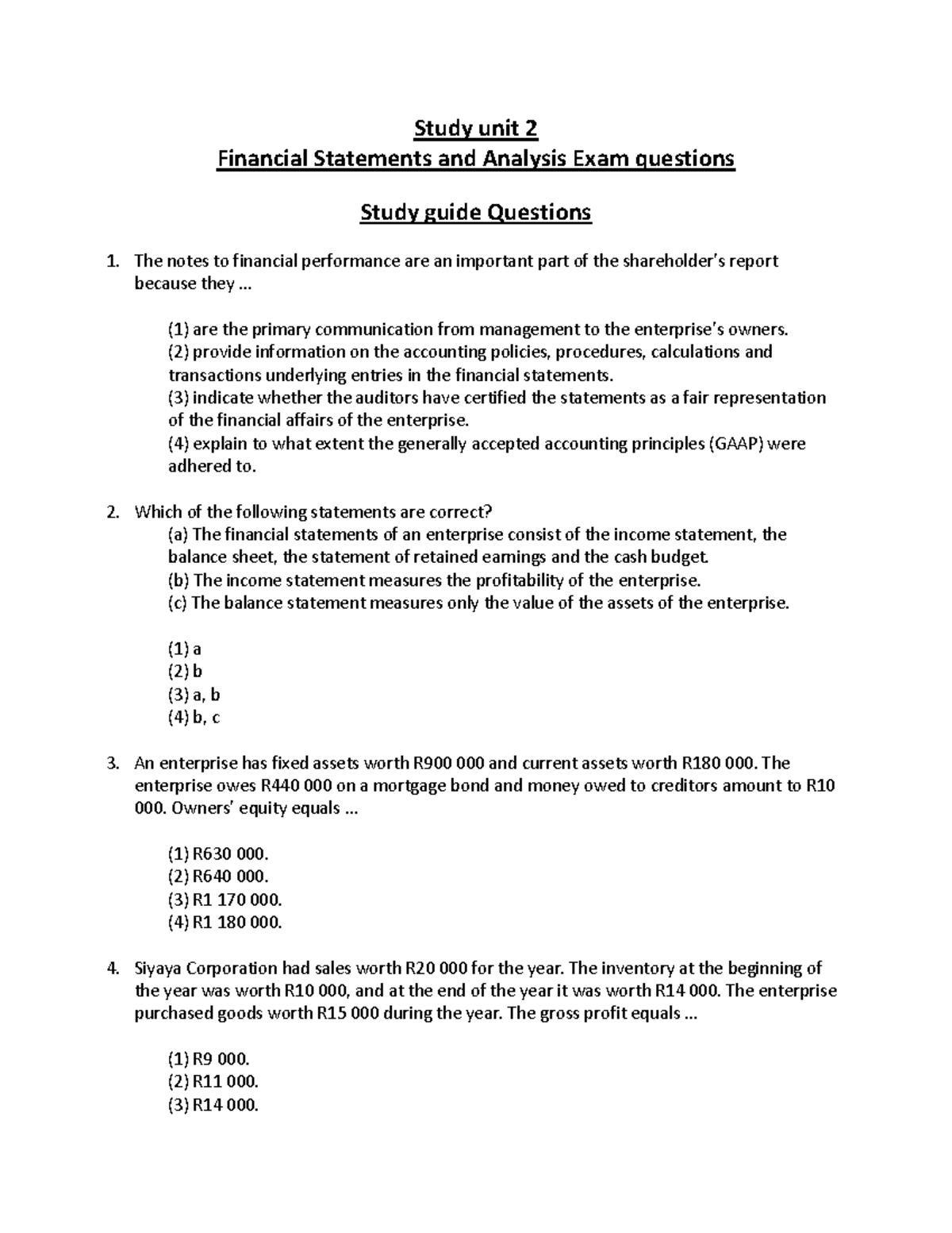 FIN2603 Study unit 2 Continue - Study unit 2 Financial Statements and ...