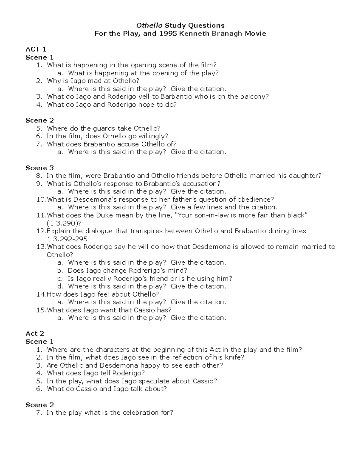Othello Study Questions for the Play and Movie - Student - Othello ...