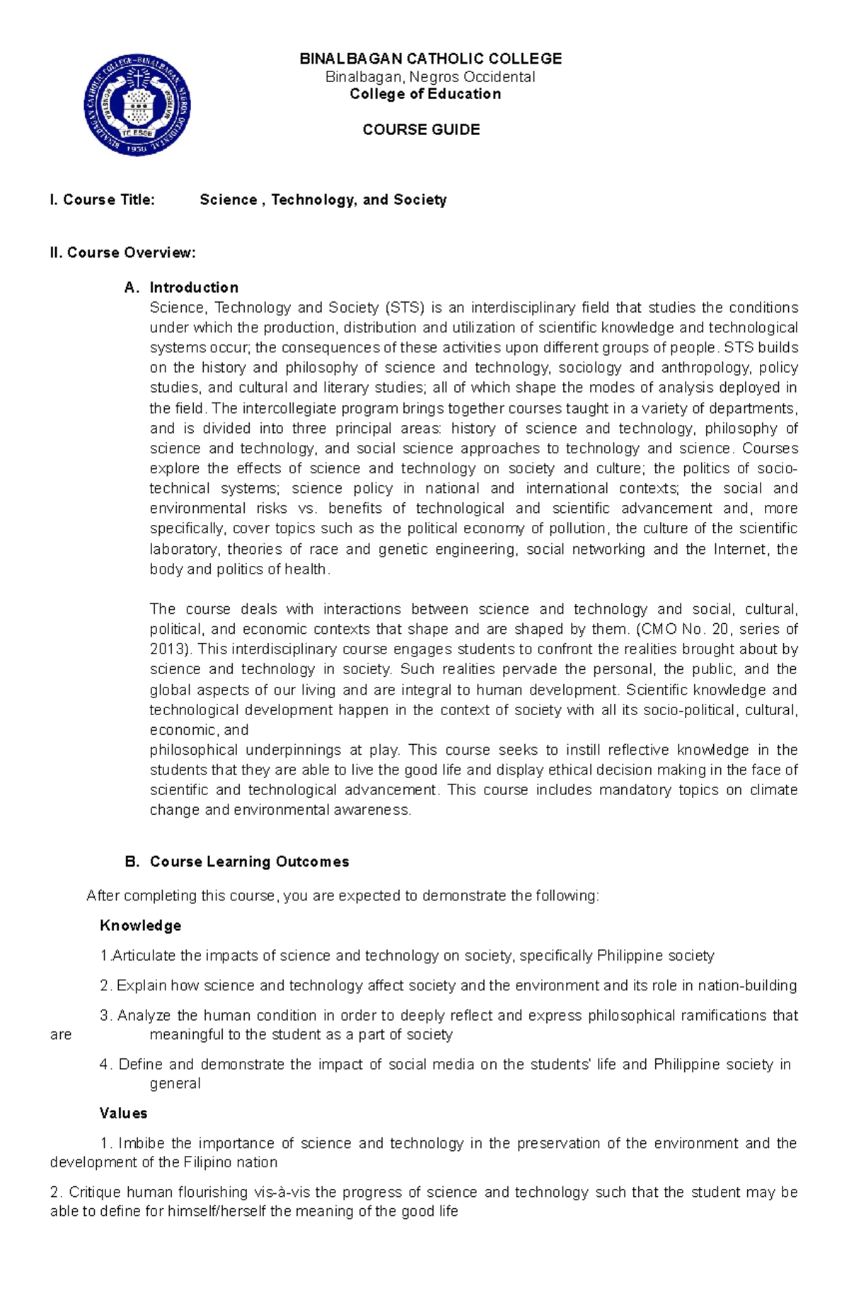 STS Module 4 - Lecture notes 1-4 - BINALBAGAN CATHOLIC COLLEGE ...