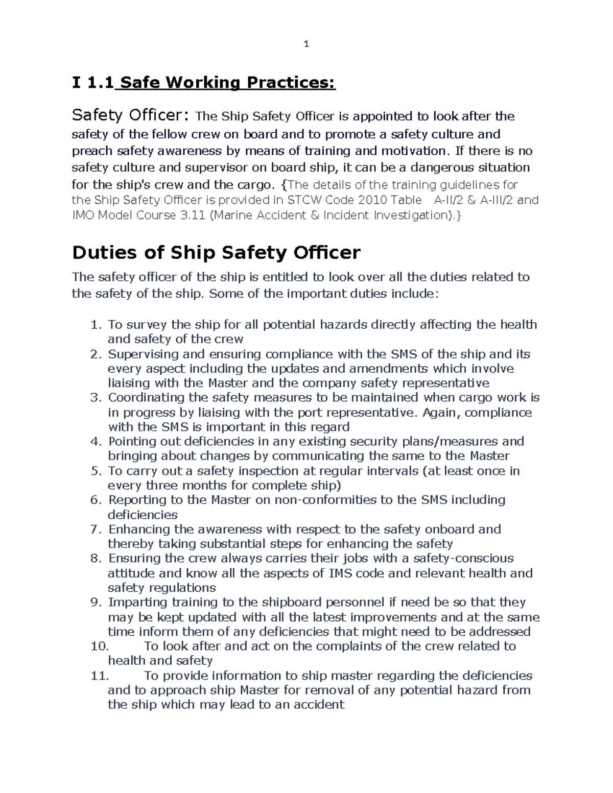 Safe Working Practices - I 1 Safe Working Practices: Safety Officer: The Ship Safety Officer is ...