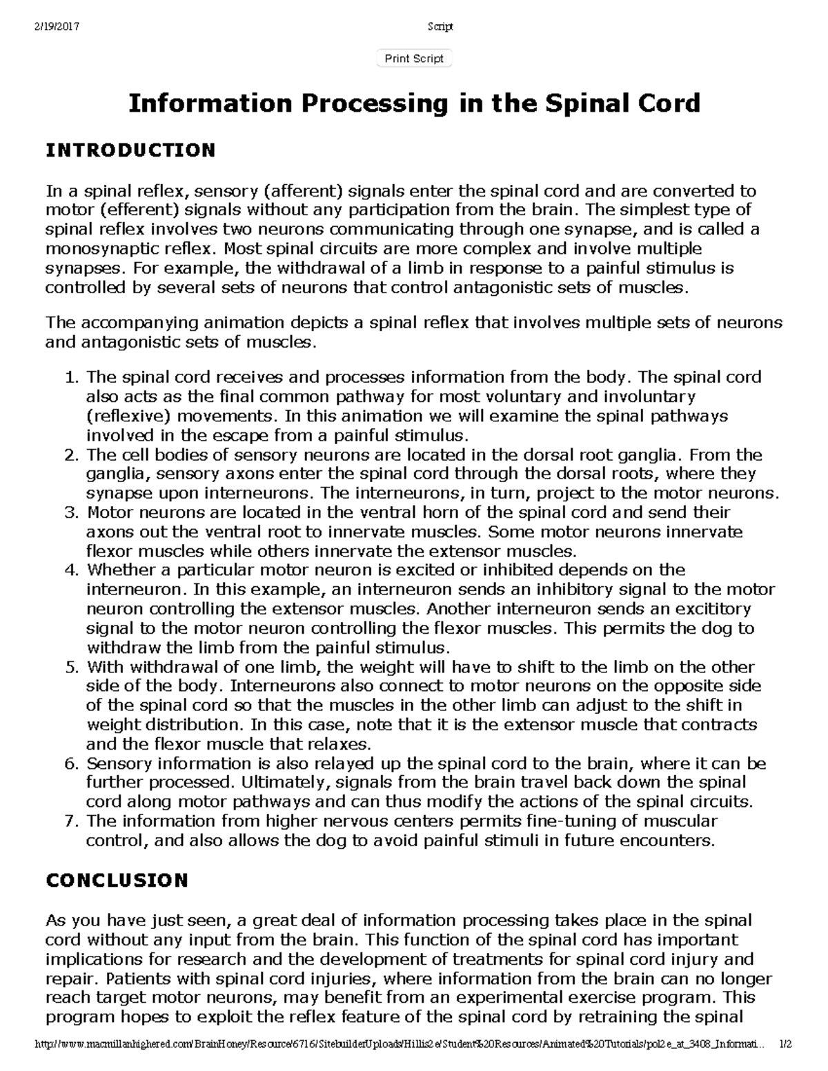 Information Processing in the Spinal Cord - 2/19/2017 Script - Studocu
