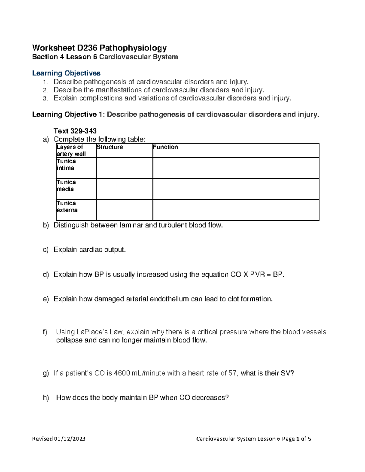 Lesson 6 Cardiovascular System - Worksheet D236 Pathophysiology Section ...
