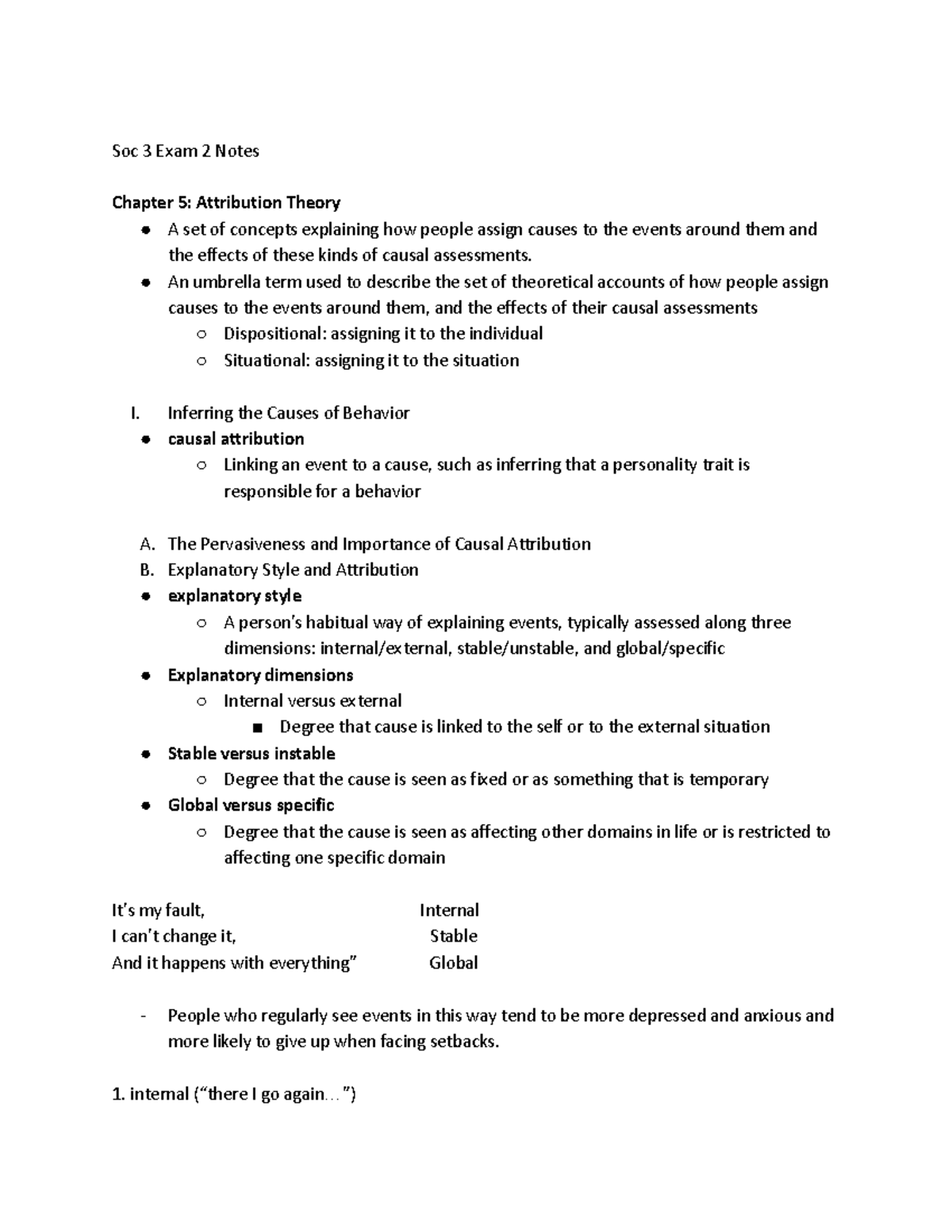 Soc 3 Exam 2 Notes - Soc 3 Exam 2 Notes Chapter 5: Attribution Theory A ...