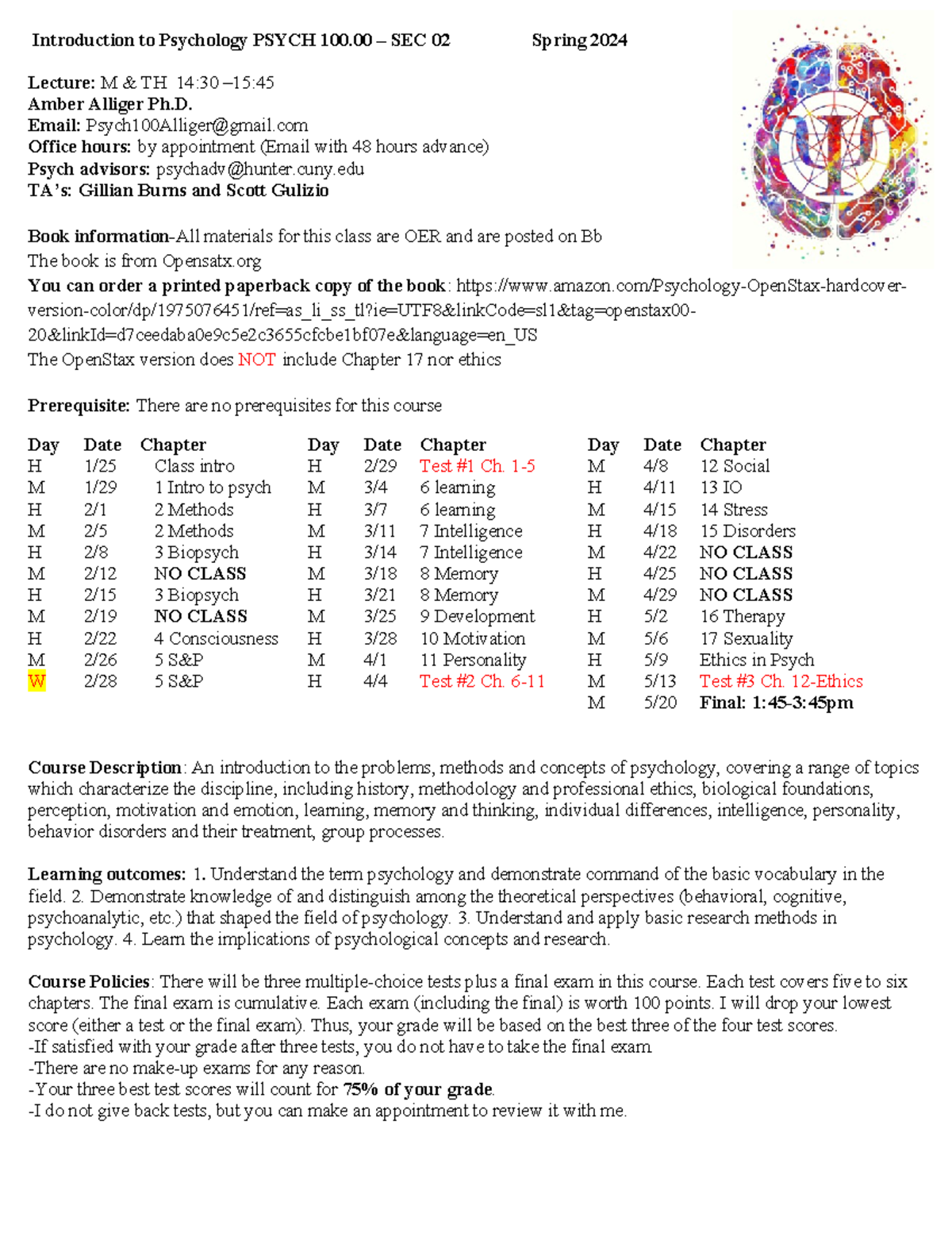 SYLL100. Spring 24.Alliger - Introduction to Psychology PSYCH 100 – SEC ...