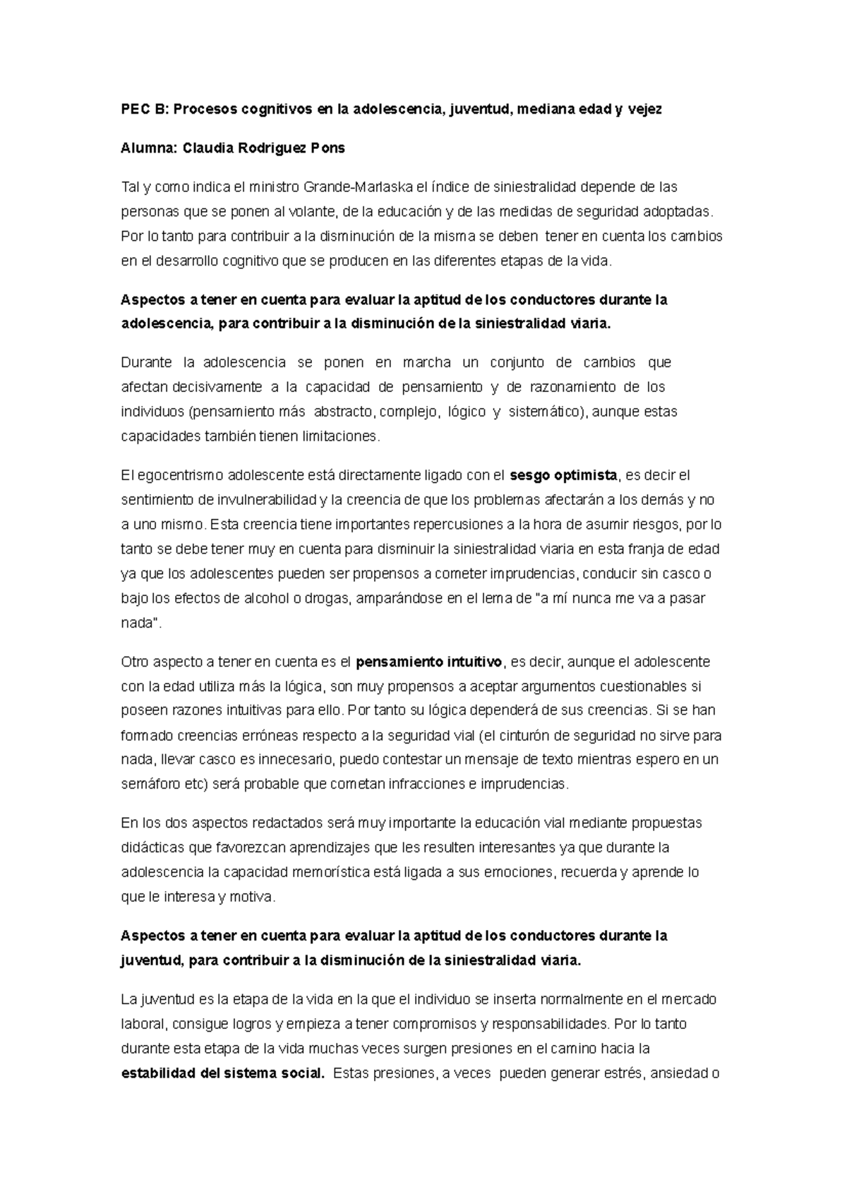 PEC B psicología del desarrollo II - PEC B: Procesos cognitivos en la adolescencia, juventud ...