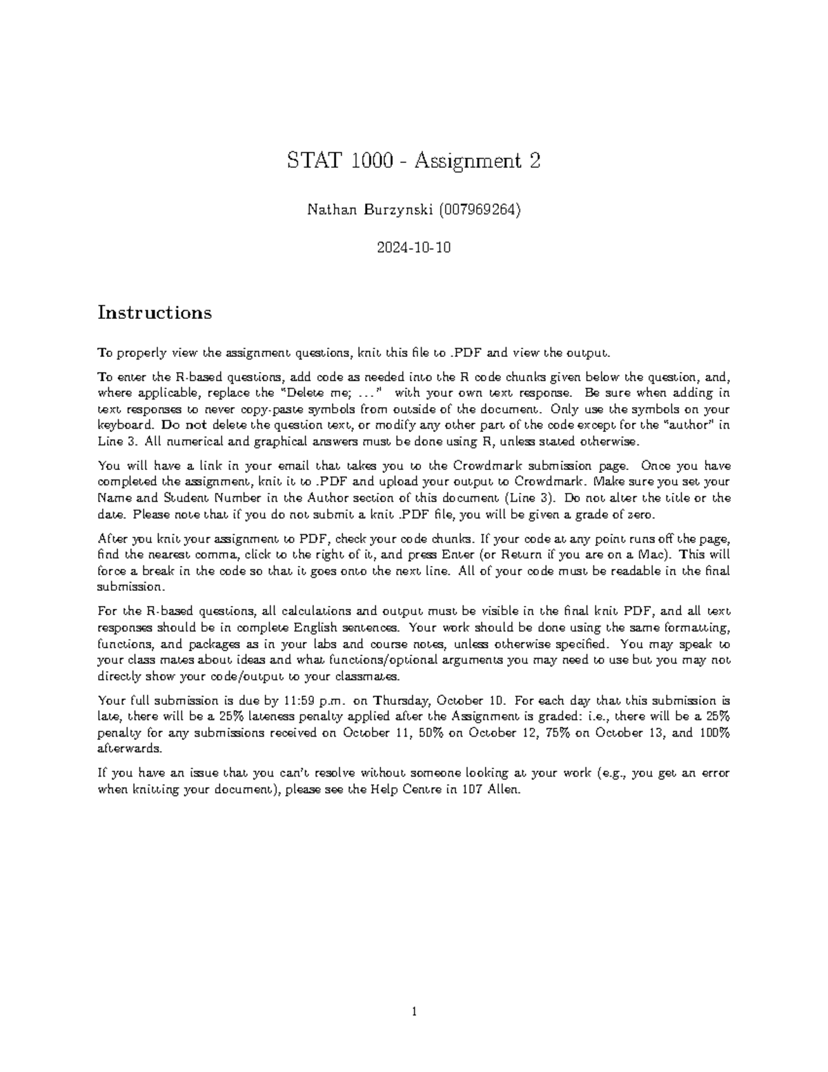 STAT 1000 A2 Shell - stats assignment - STAT 1000 - Assignment 2 Nathan Burzynski (007969264 ...
