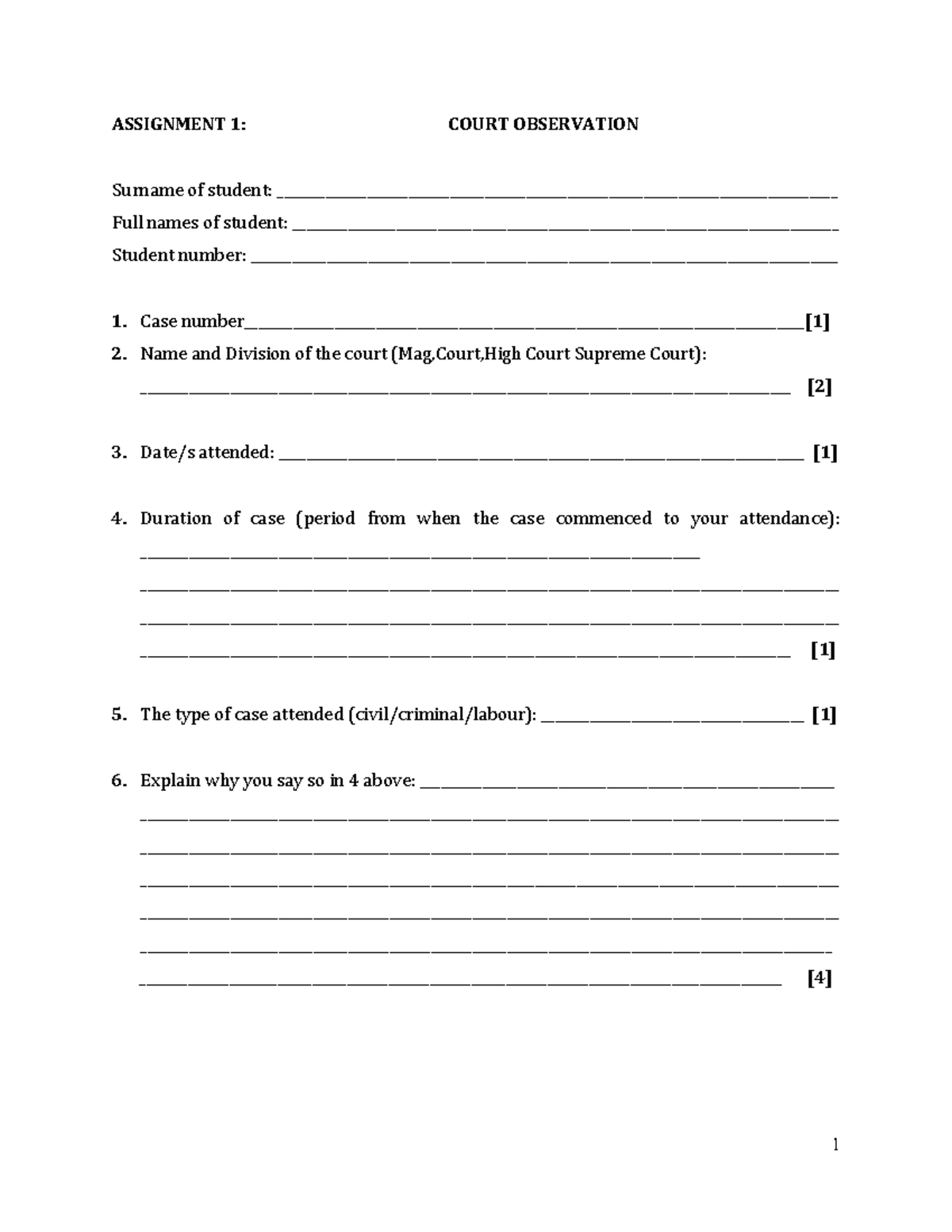 Assignment 1 Court Observation report sheet - ASSIGNMENT 1 : COURT ...