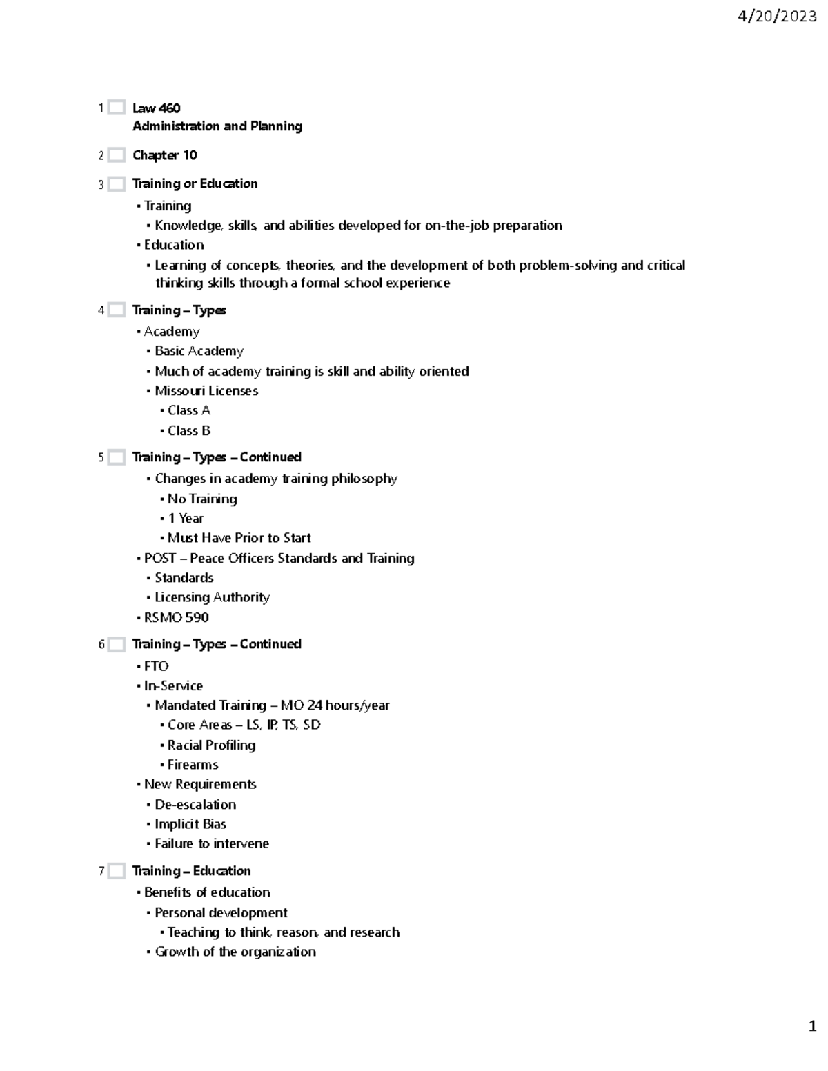 CRJ 460 Chapter 10 - 4/20/ 1 Law 460 Administration and Planning Chapter 10 Training or ...