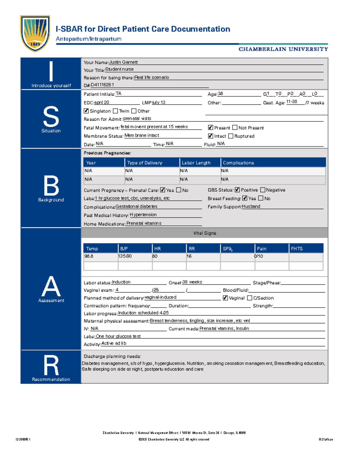Isbar gestational diabetes - 12-200085 ©2021 Chamberlain University LLC ...