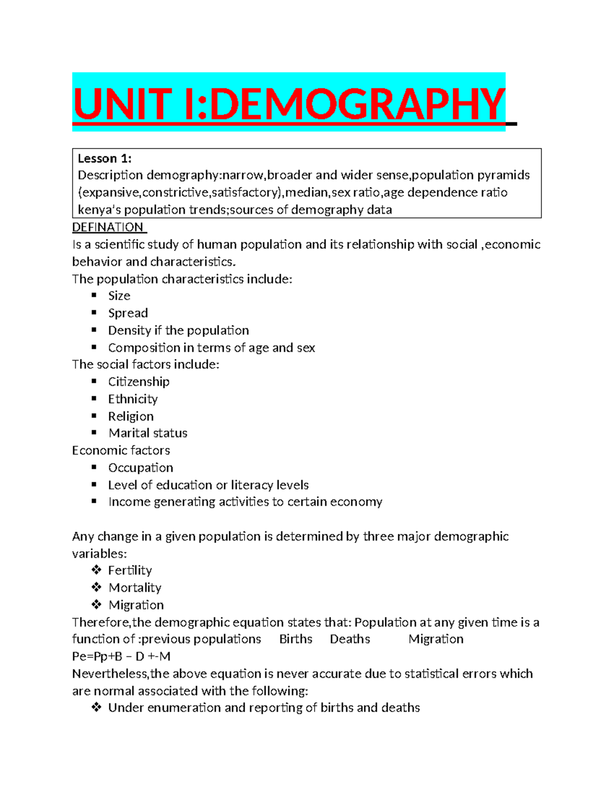 Demography - quite useful - UNIT I:DEMOGRAPHY Lesson 1: Description ...