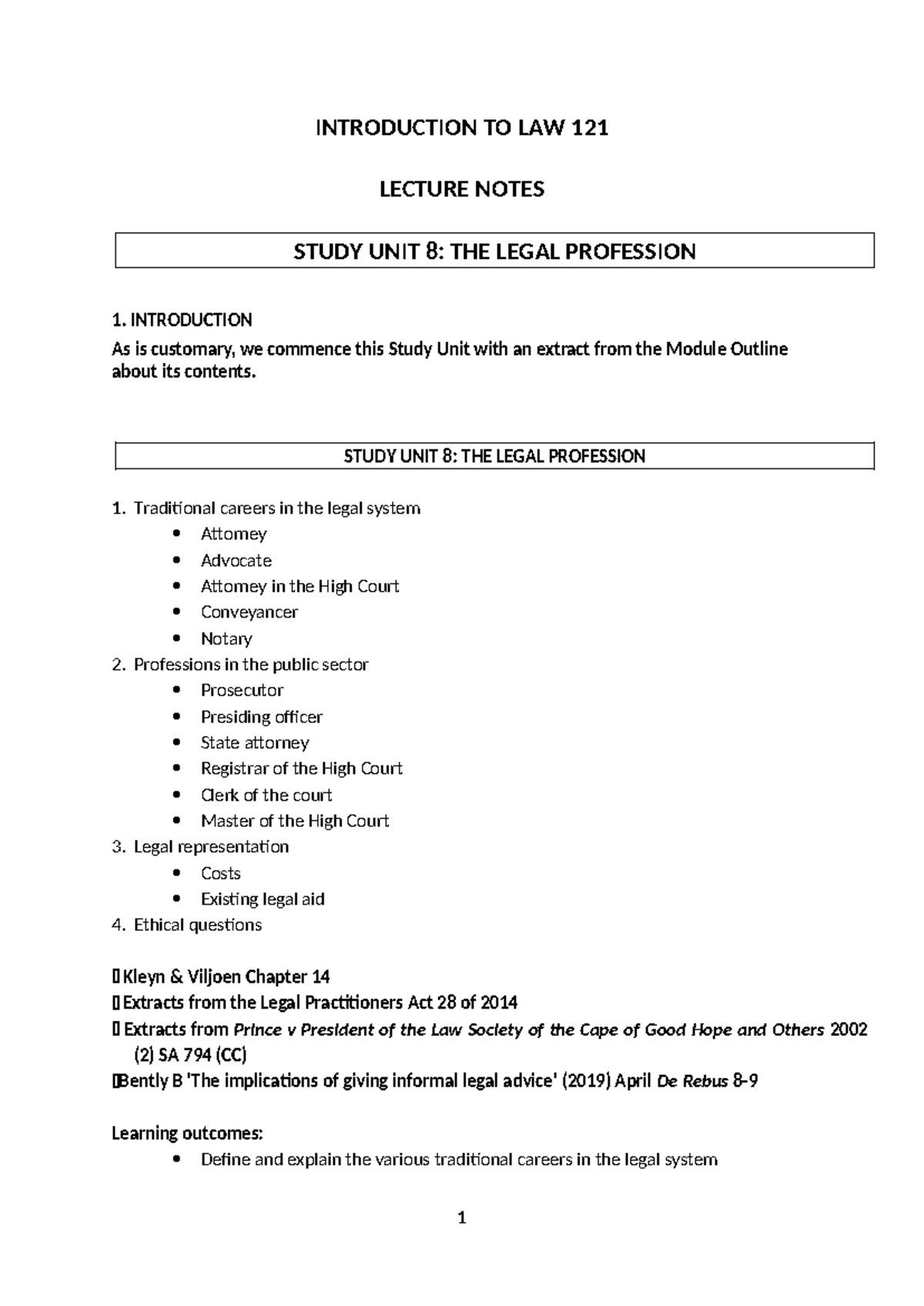 2020 ILL121 CORE Notes Study UNIT 08 THE Legal Profession Lecture Notes ...