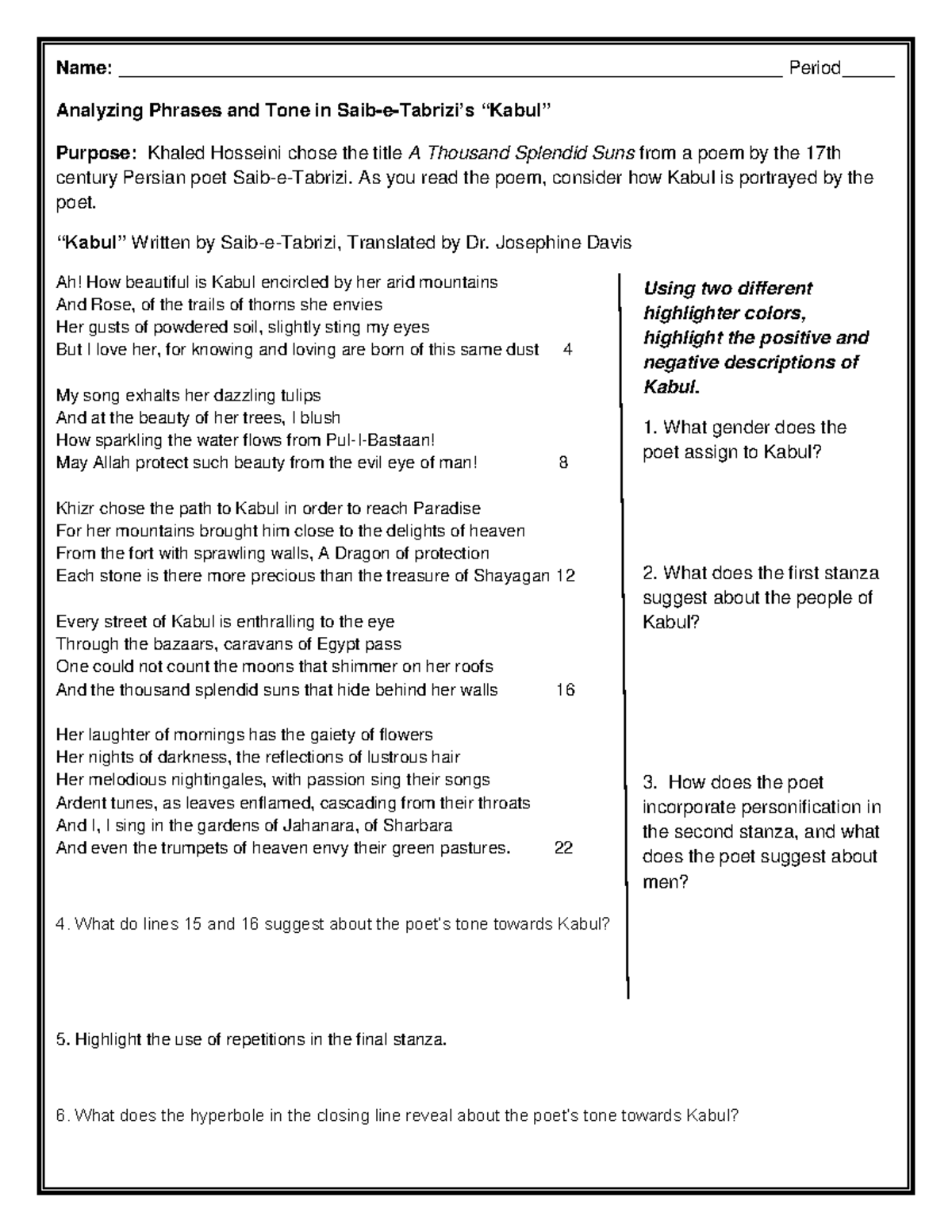 Kabul Poem World Literature AThousand Splendid Suns-1 - Name: - Studocu