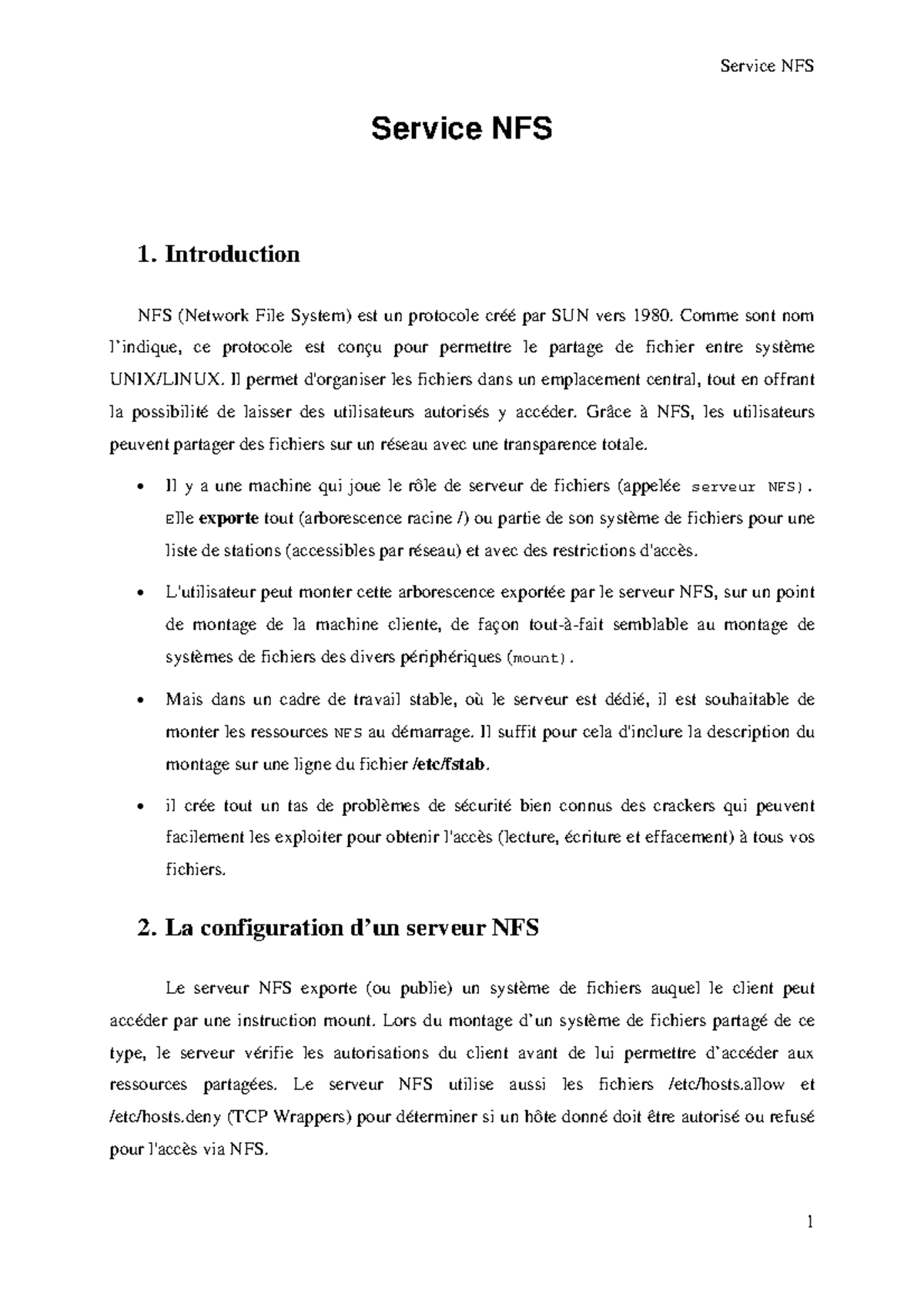 Administration de service NFS sous linux - Service NFS 1. Introduction ...