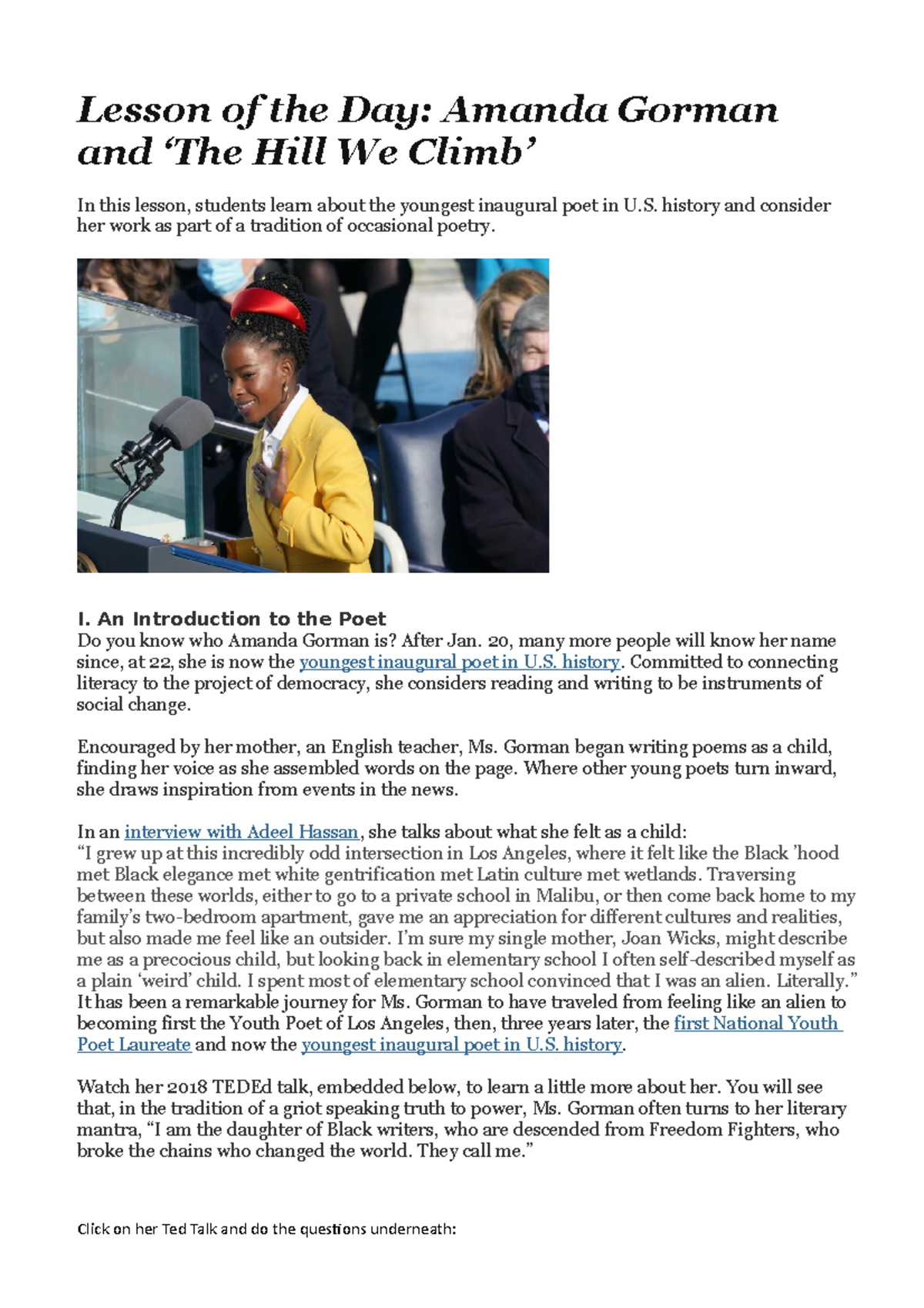 The Hill We Climb - wkeen 8en 9 - Lesson of the Day: Amanda Gorman and ...