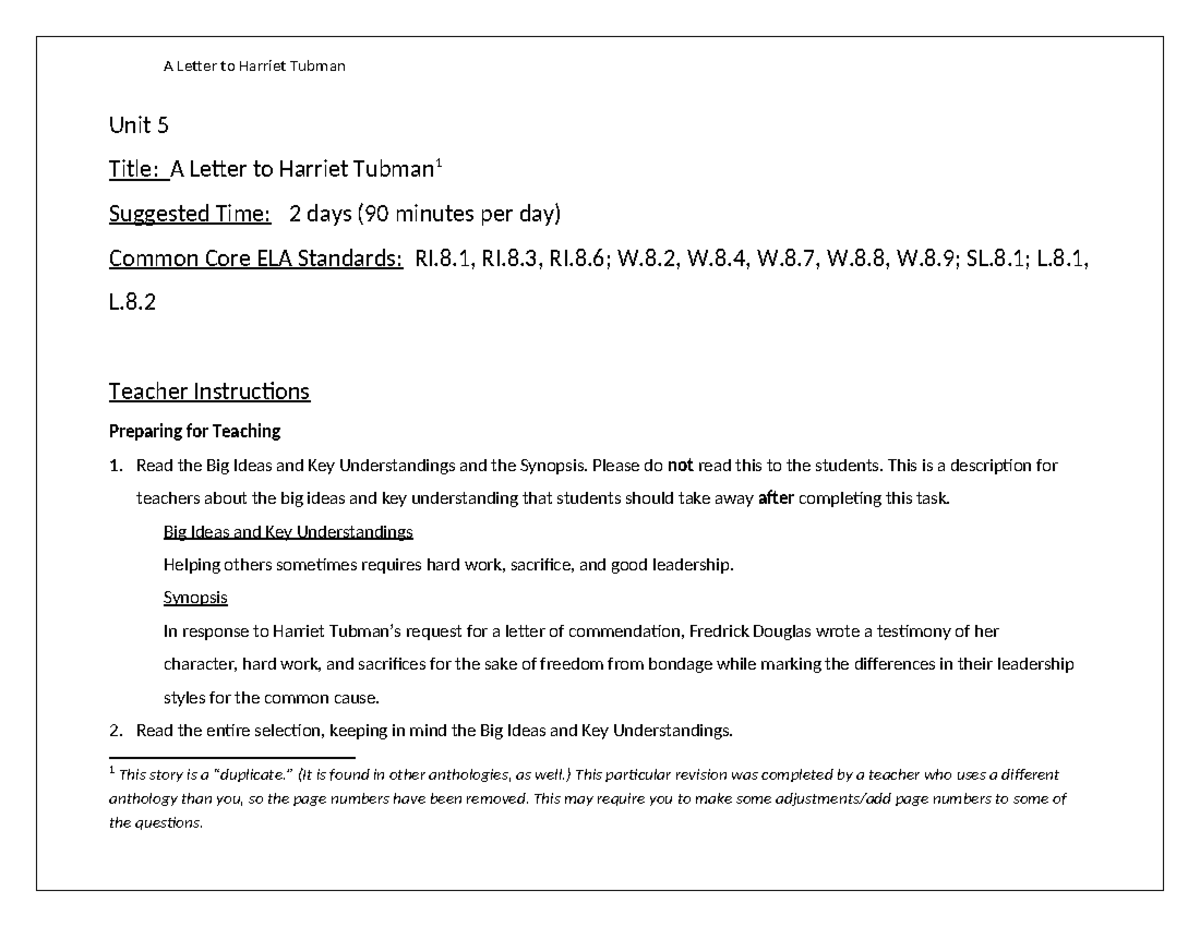 8. Letter to Harriet Tubman. lesson - Story - Unit 5 Title: A Letter to ...