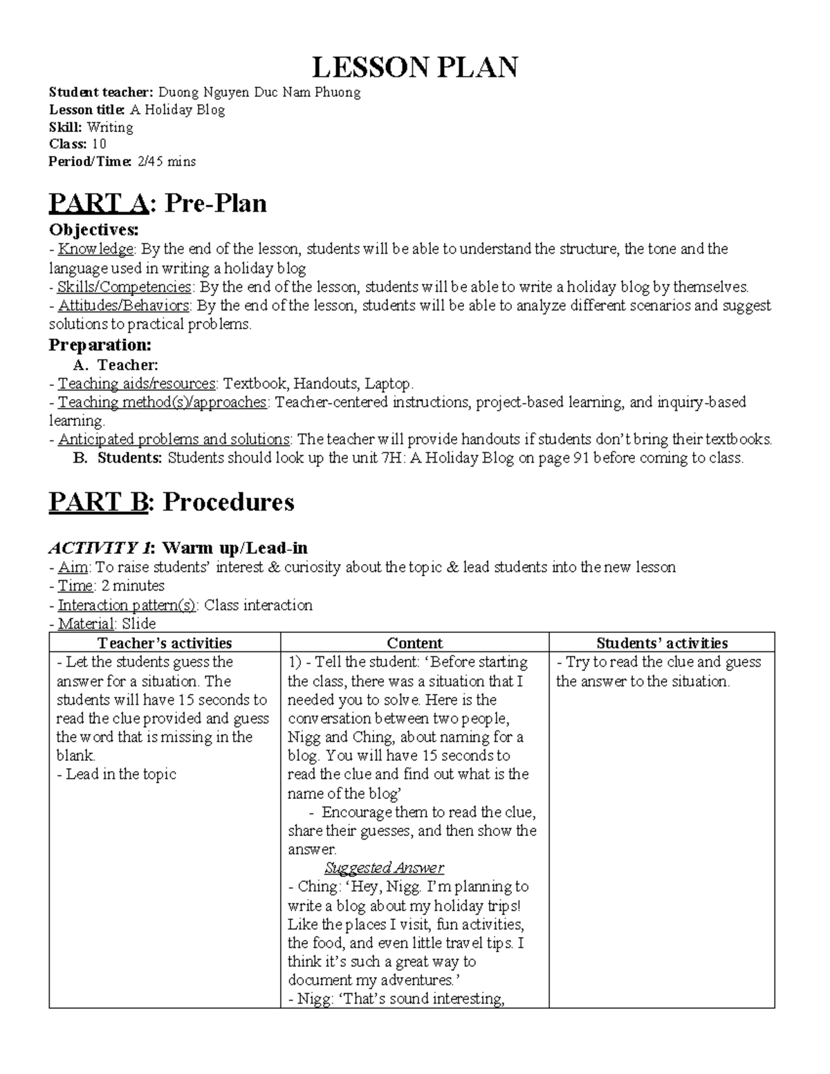 Lesson PLAN - UNIT 7H - A Holiday BLOG - LESSON PLAN Student teacher ...