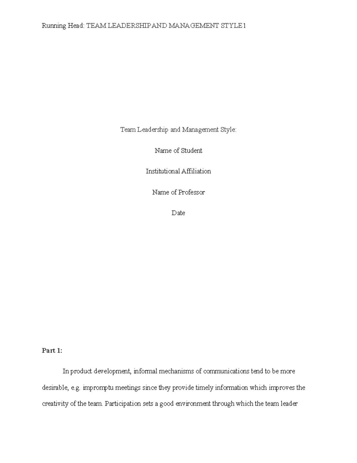 Team Leadership and Management Style Essay - Running Head: TEAM ...